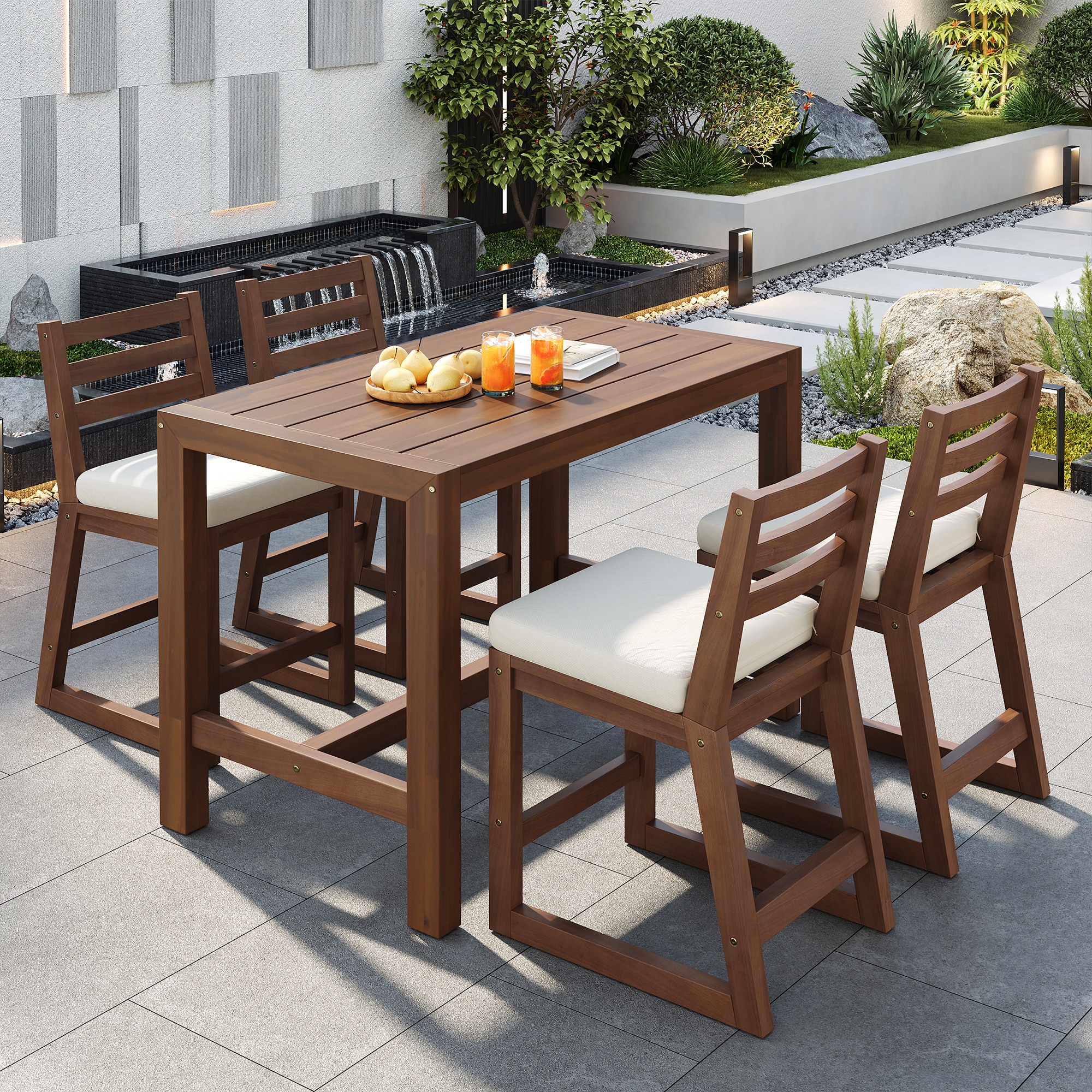 LUXEYARD 5 Piece Outdoor Patio Bar Set with Solid Wood Table and ...