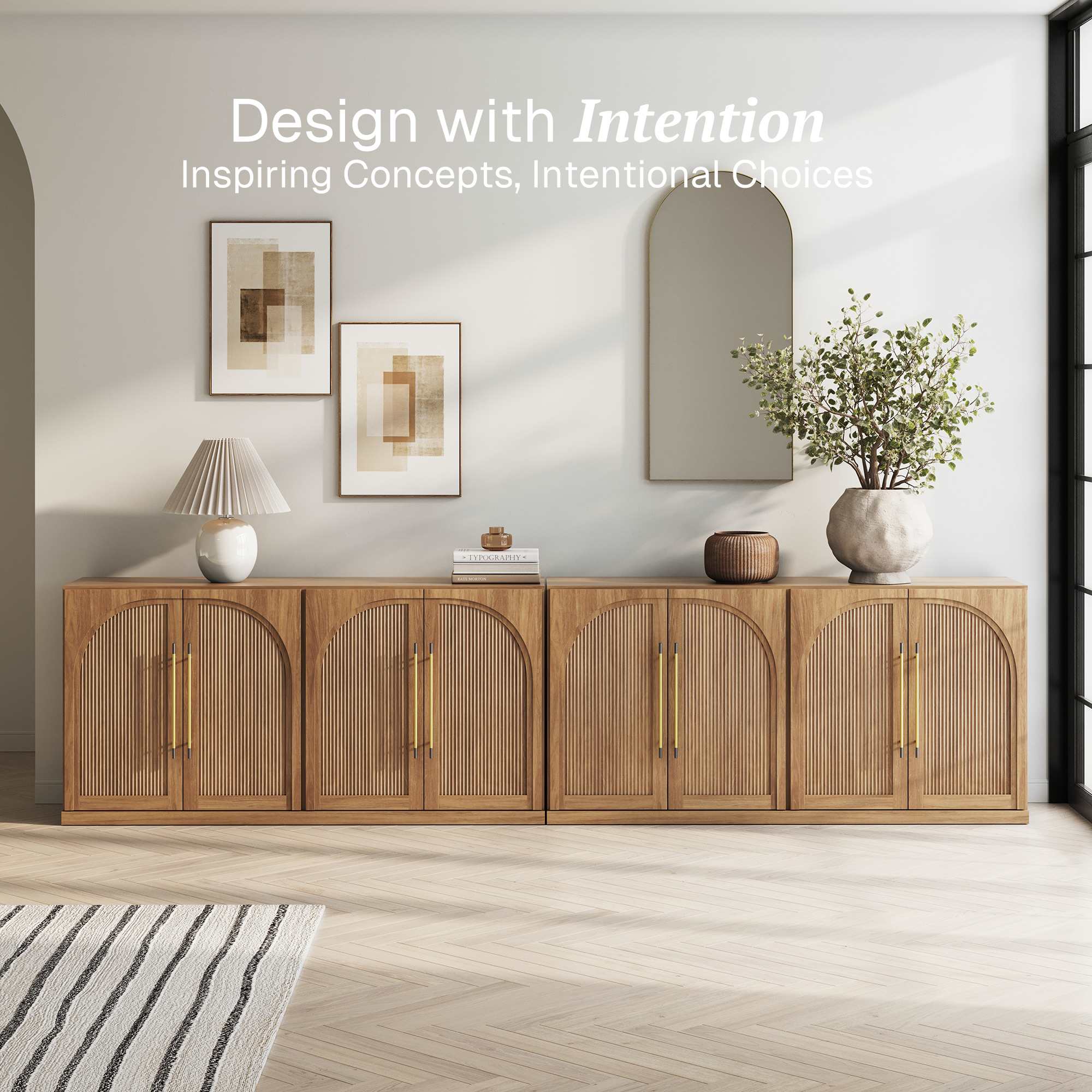 Belleze Camel Set of 2 65 Inch Sideboard Cabinet with Double Arc Wood ...
