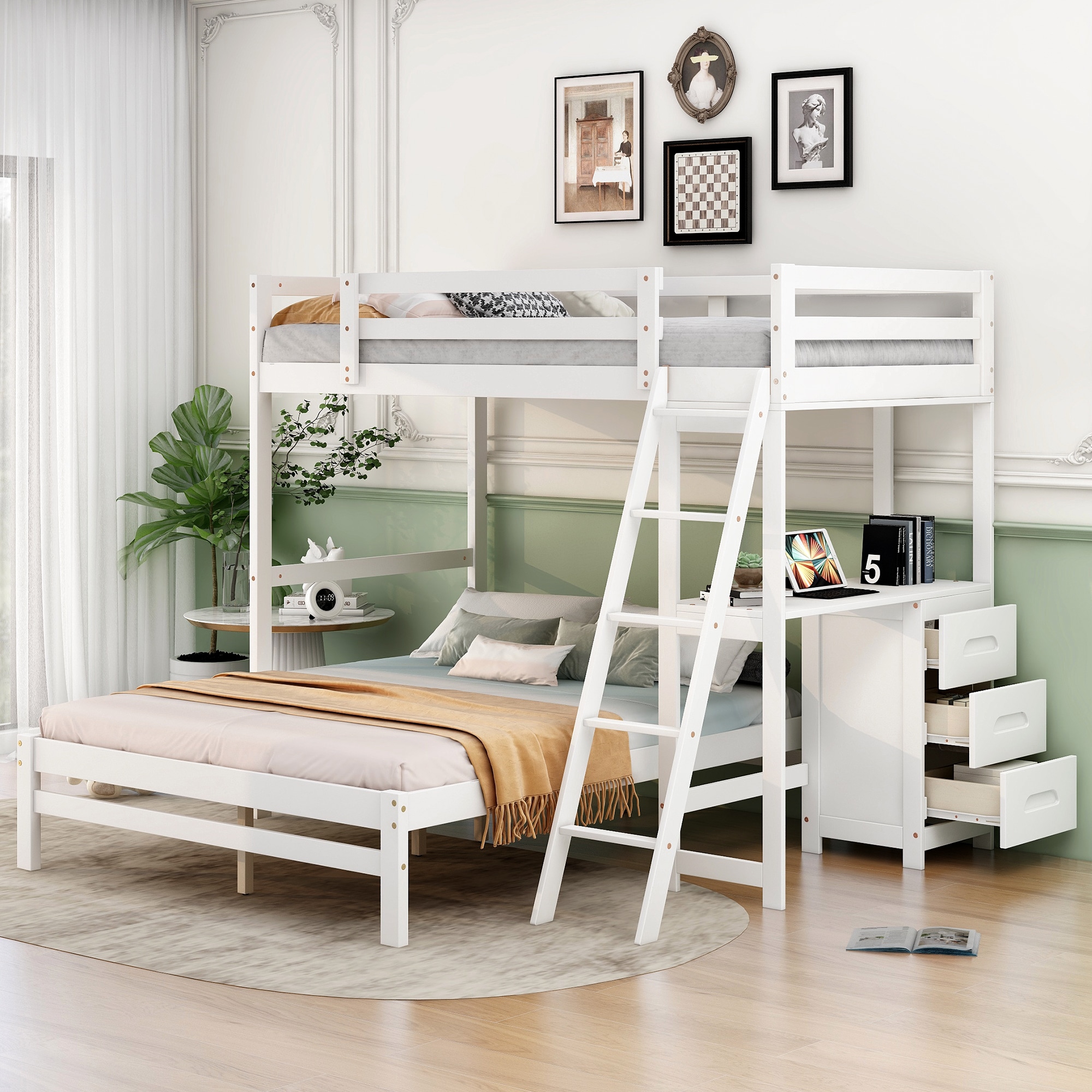 ModernLuxe Assembly Required Twin over Full Bunk Bed with Builtin Desk ...