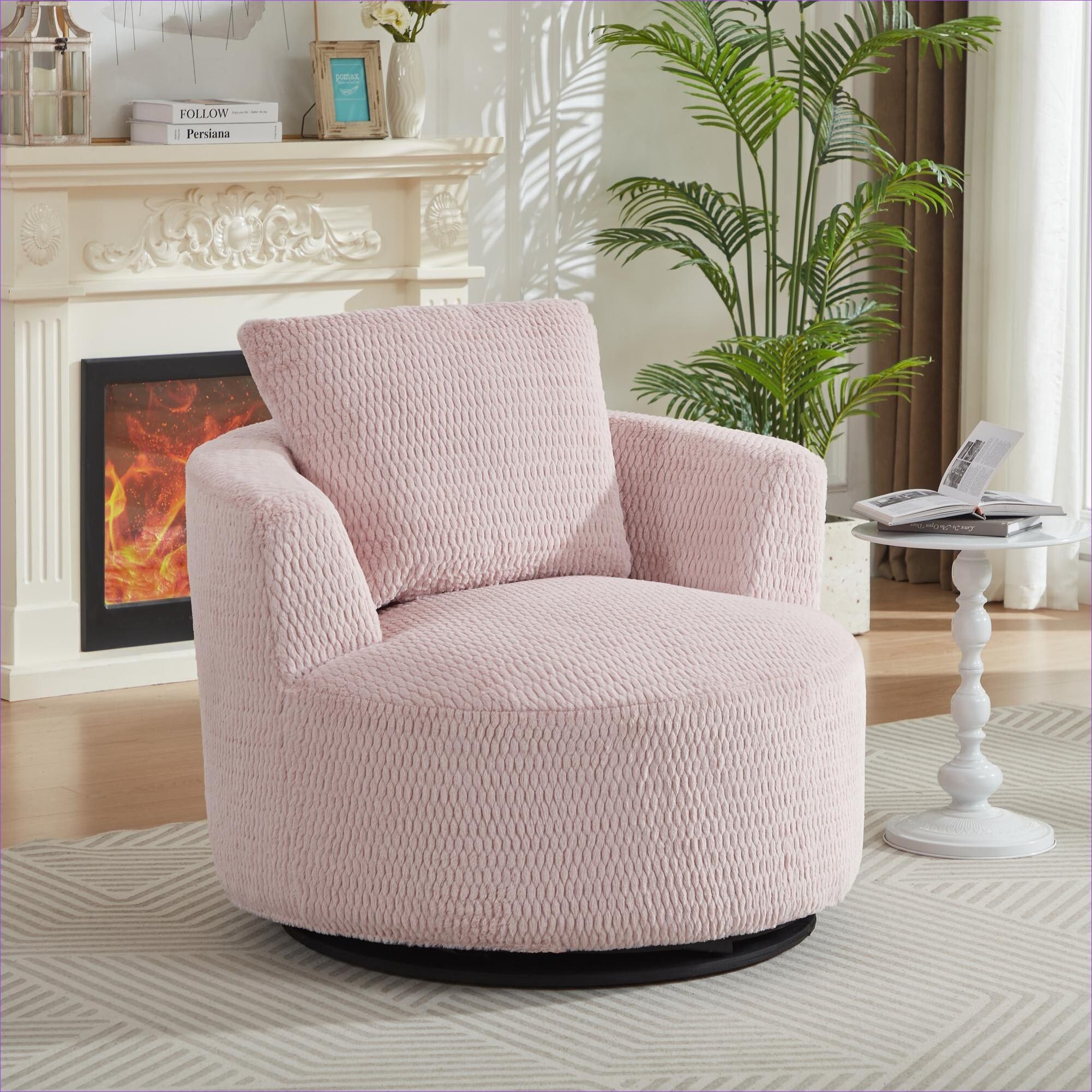 Watnature Single Seat Warm Pink Fautimes Fur 360 Swivel Accent Chair ...