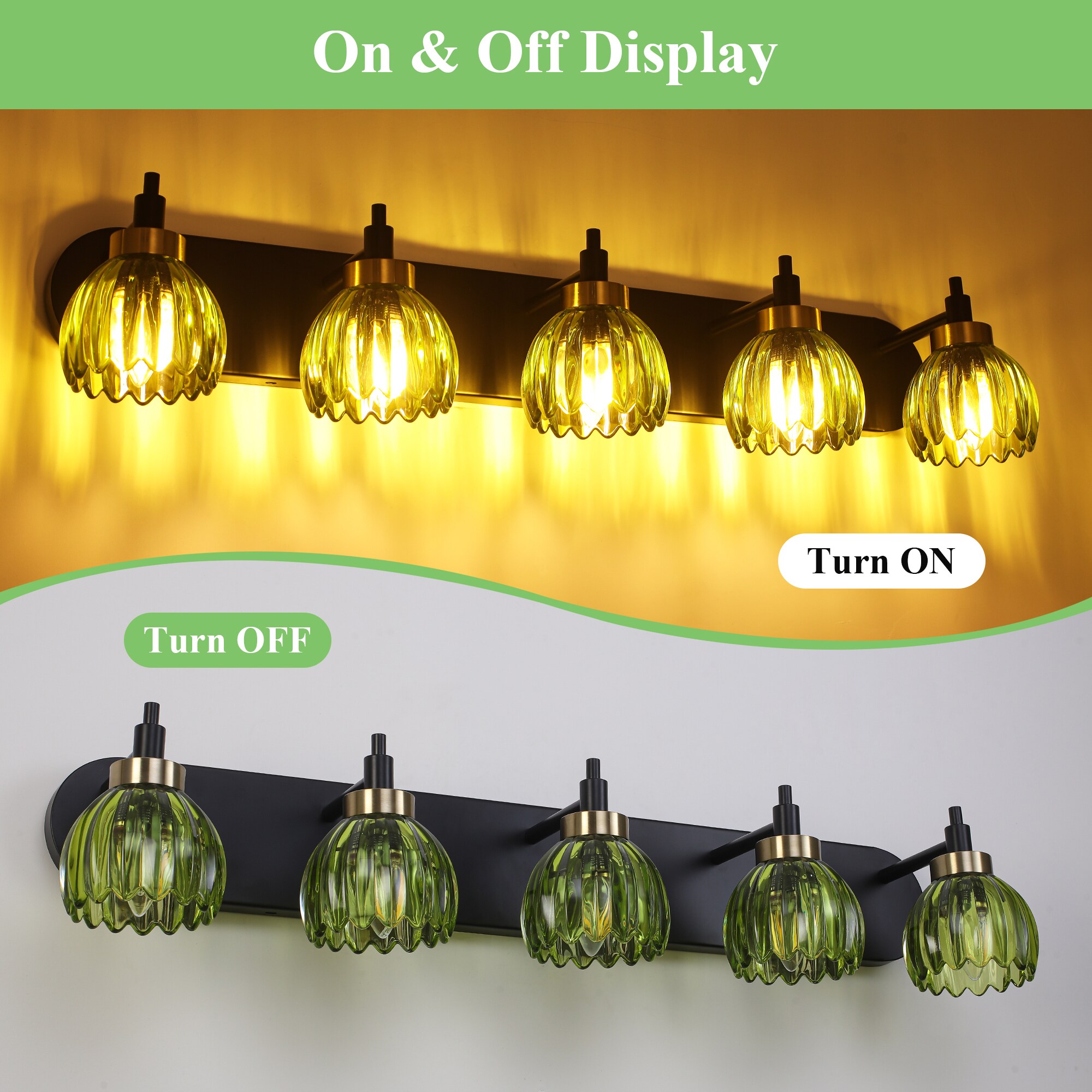 Zjvaive 35.43inch Green Glass Vintage 5-Light Matte Black Iron Vanity ...