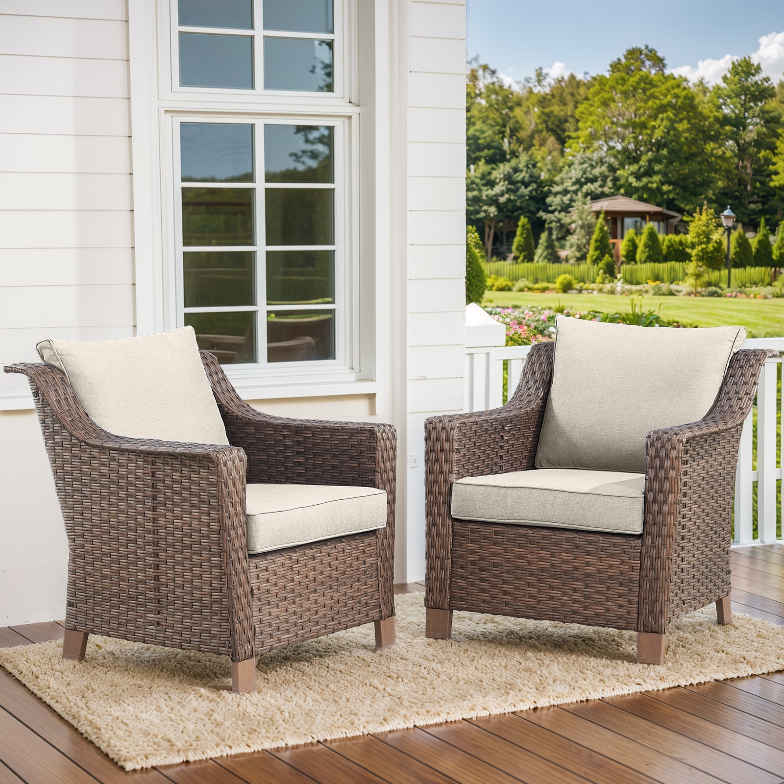 0 PACHAIRS T Set of 2 Wicker Brown Steel Frame Stationary Conversation Chair with Beige Cushioned Seat in the Patio Chairs department at Lowes