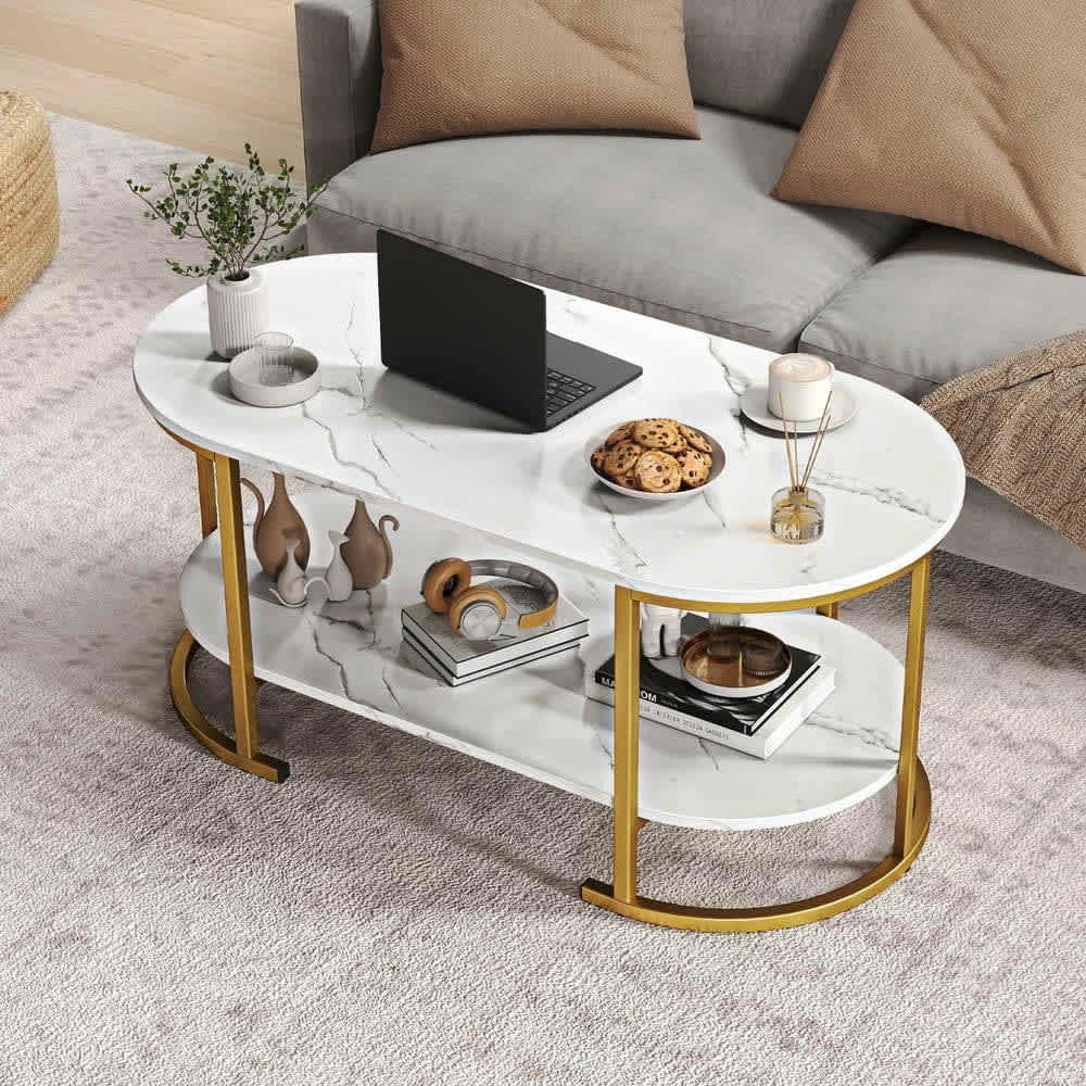 Choco Moon 2Tier Oval Wood Coffee Table With Large Top And Open Shelf ...