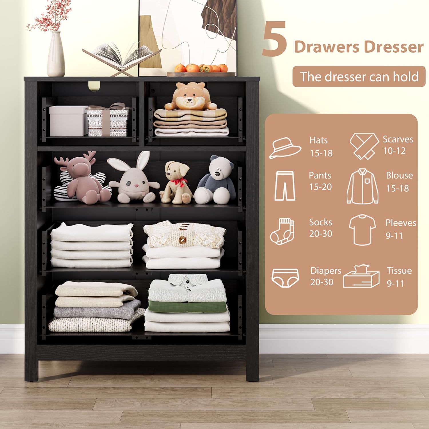 IdealHouse Modern Tall Wooden Double Chest Of Drawers With 5 Drawers ...