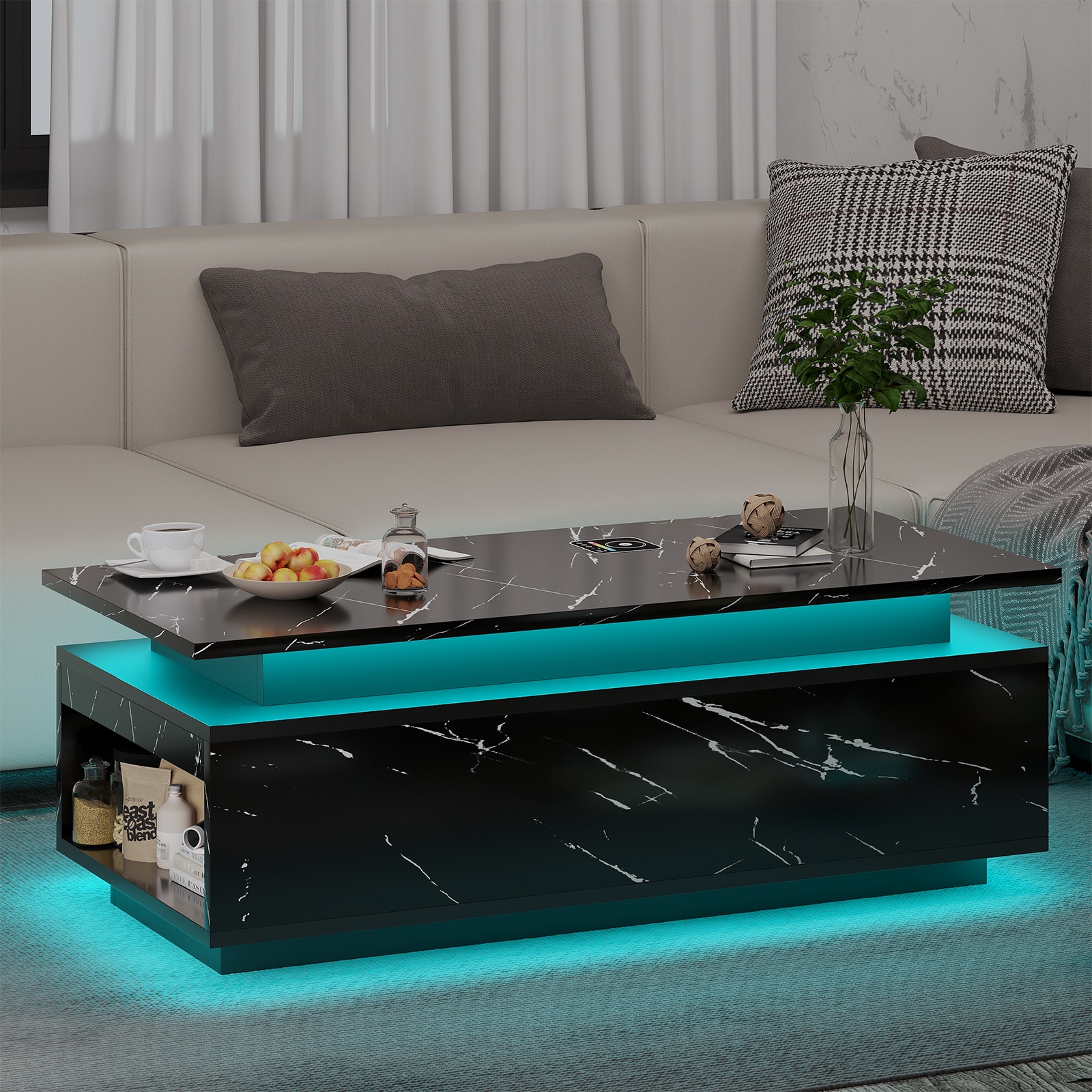 LUXEYARD Coffee Table with 24-Color LED Lights for Living Room Wooden ...