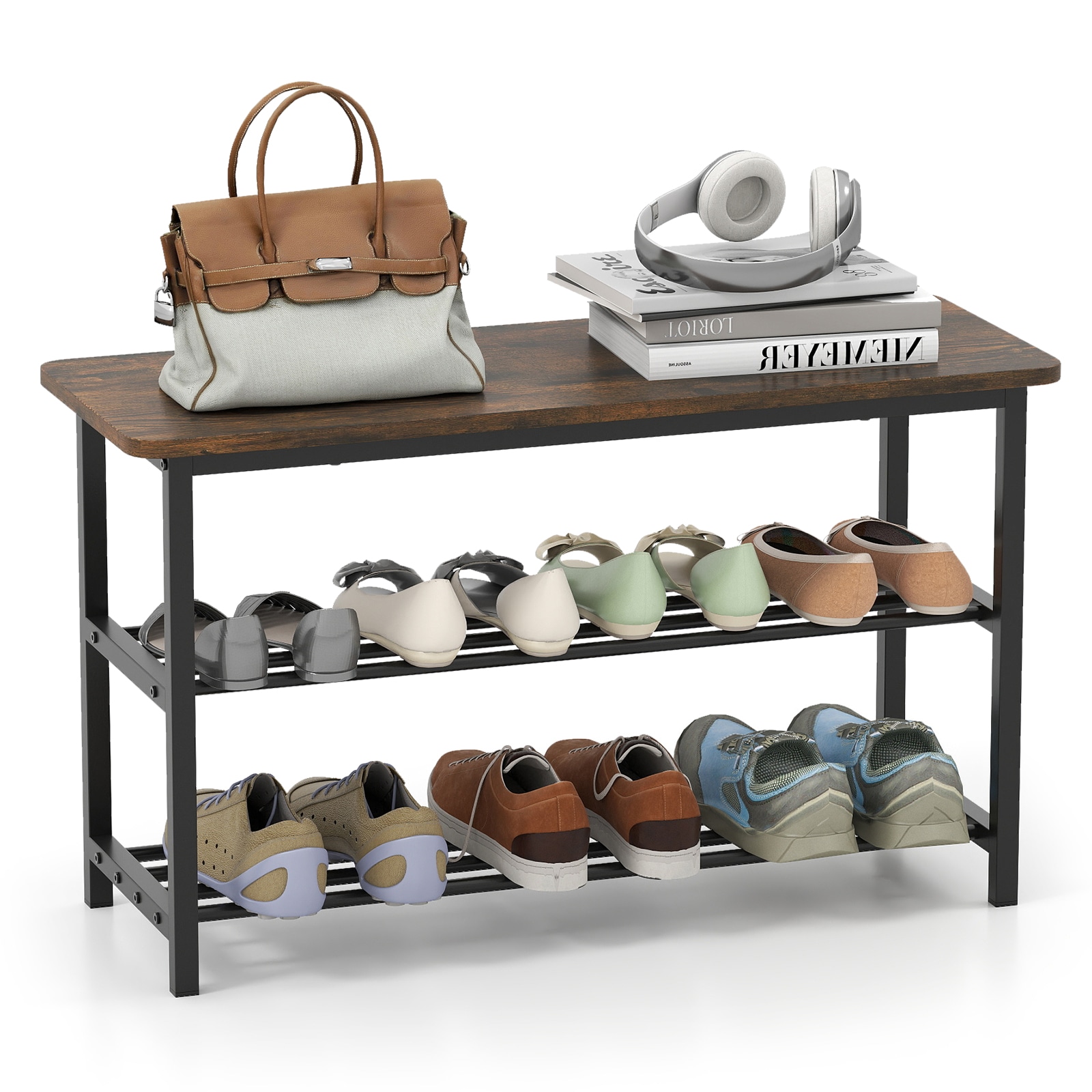 Volenca 3-Tier Shoe Rack Bench with Wooden Seat 2 Metal Slat Shelves ...