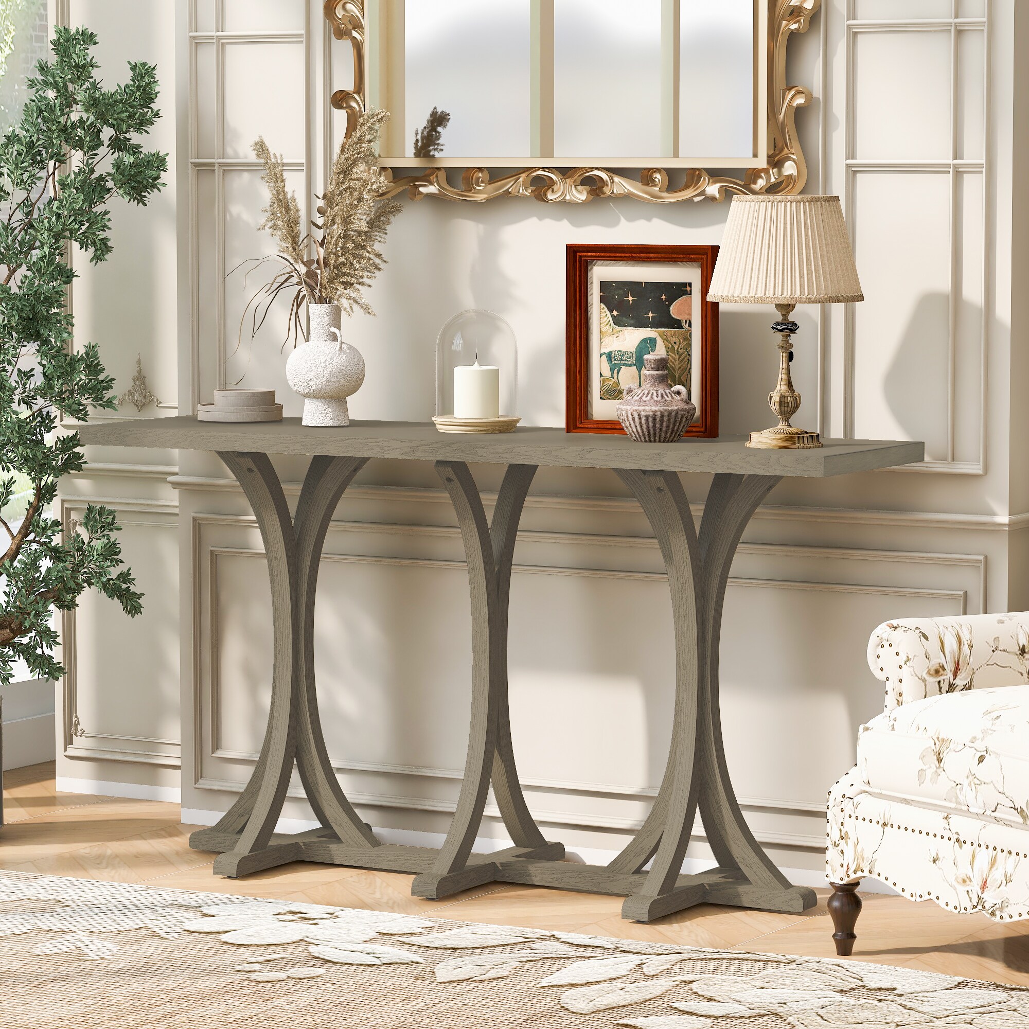 LOVMOR 59.8InchWooden Console Table with Oak Veneer Top Farmhouse ...