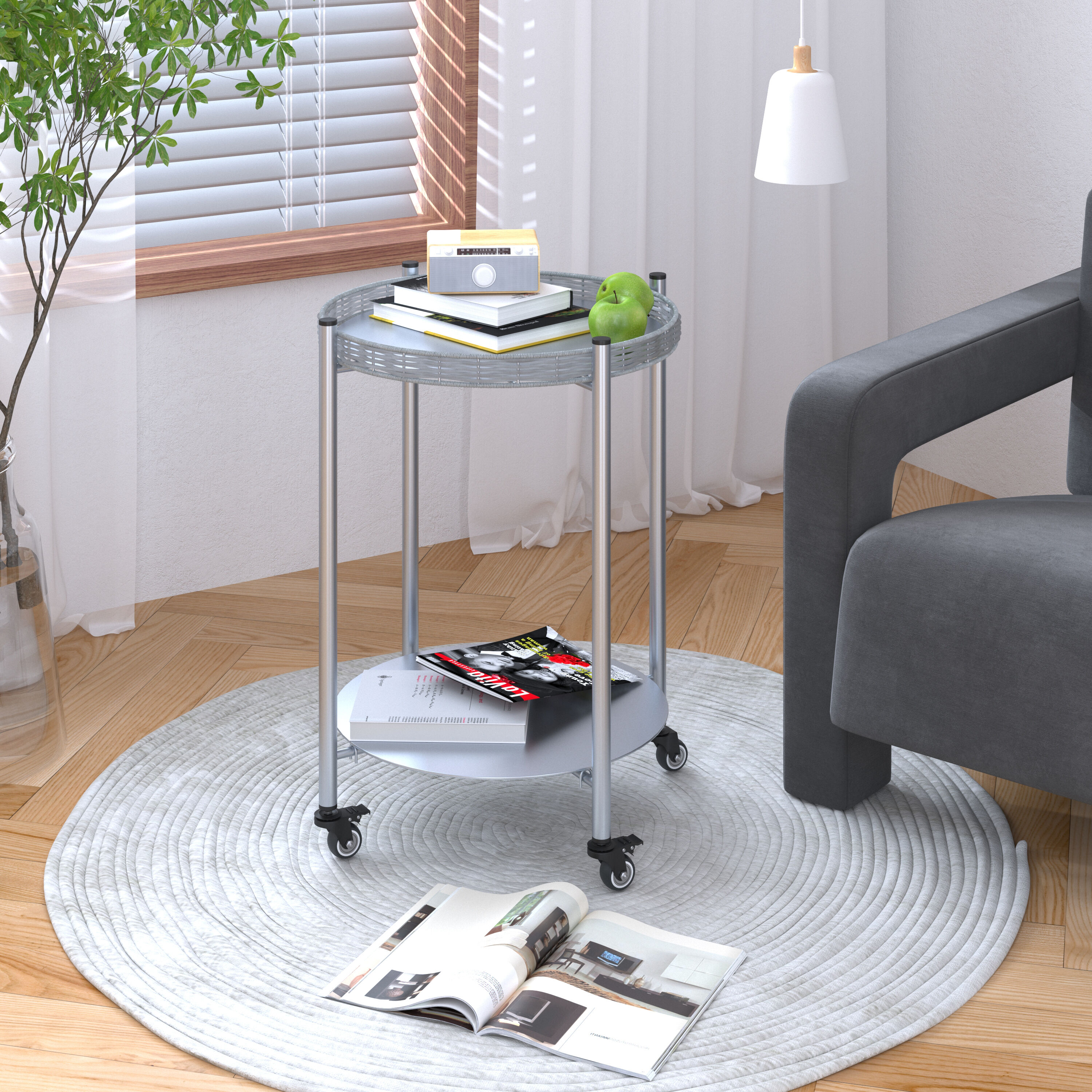 Tatayosi Round Coffee Table with Wheels 2-Tier Movable Side Tables Silver Metal Detachable ...