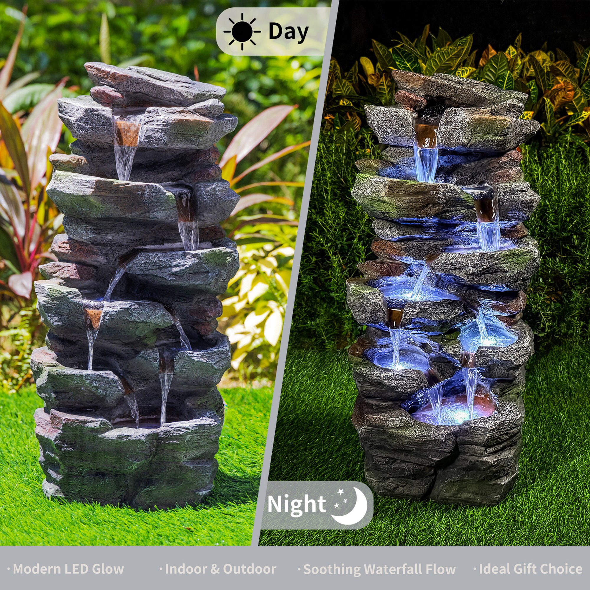 Afoxsos Rock Waterfall Outdoor Fountain with LED Lights Tiered Resin ...