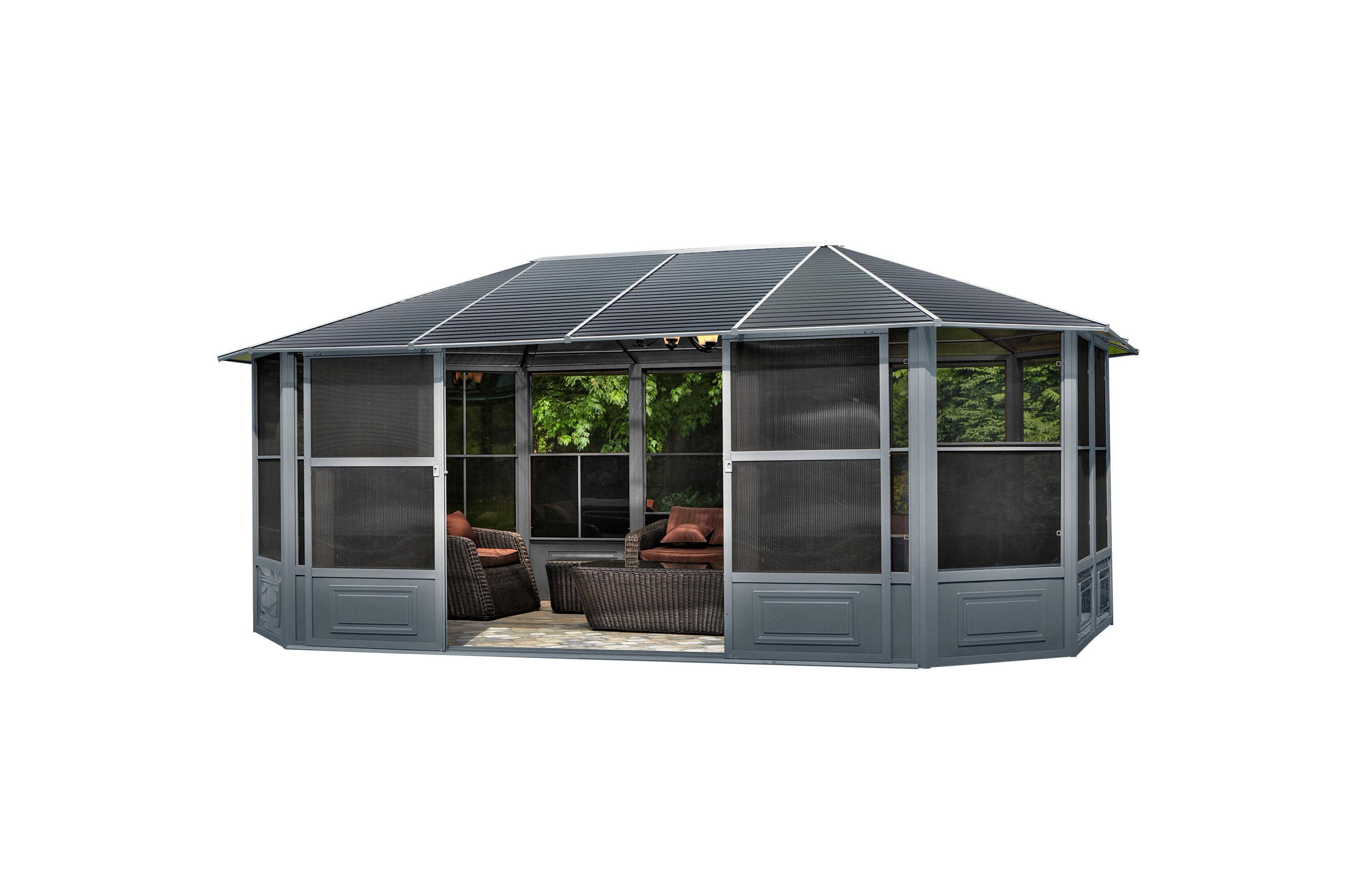 Sunjoy Brown Metal Rectangle Screened Semi- Gazebo (Exterior: X At ... Sunjoy Brown Metal Rectangle Screened Semi- Gazebo (Exterior: X At ...