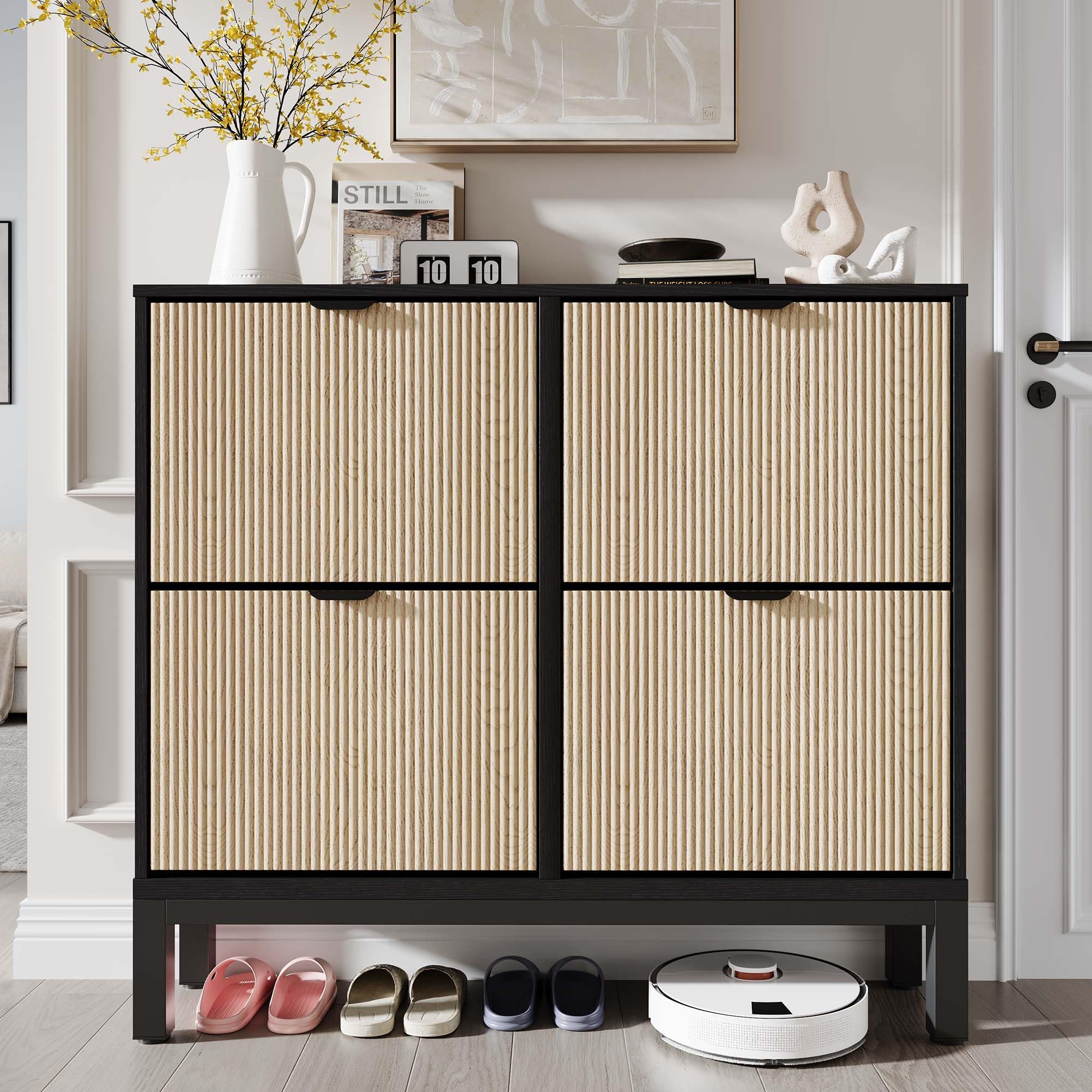 GarveeLife Fluted Shoe Cabinet with 4 Flip Drawers Slim Hidden Shoe ...