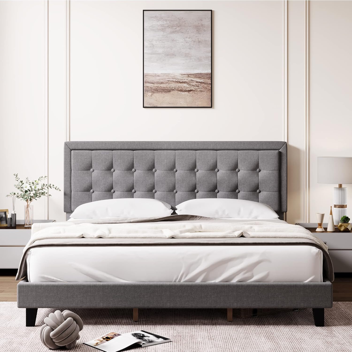 Garvee Full Size Bed Frame Modern Upholstered Platform Bed with Button ...