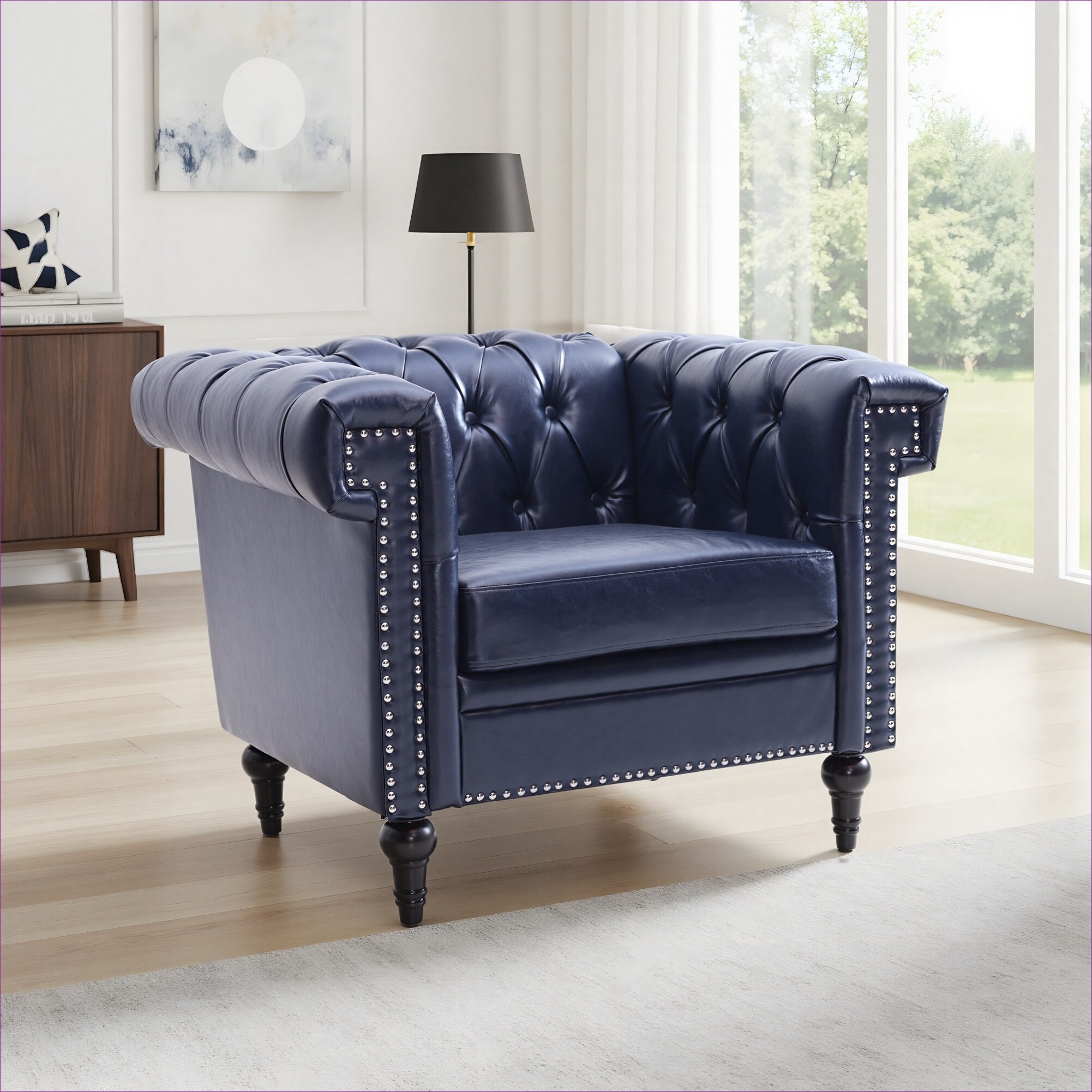 Watnature Deep Blue Quilted Accent One-Seater Sofa Chair PU Upholstery ...