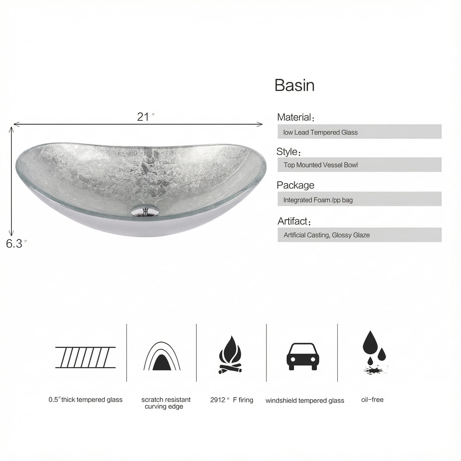Lovav Silver Boat Shape Tempered Glass Vessel Sink Set With Black ...