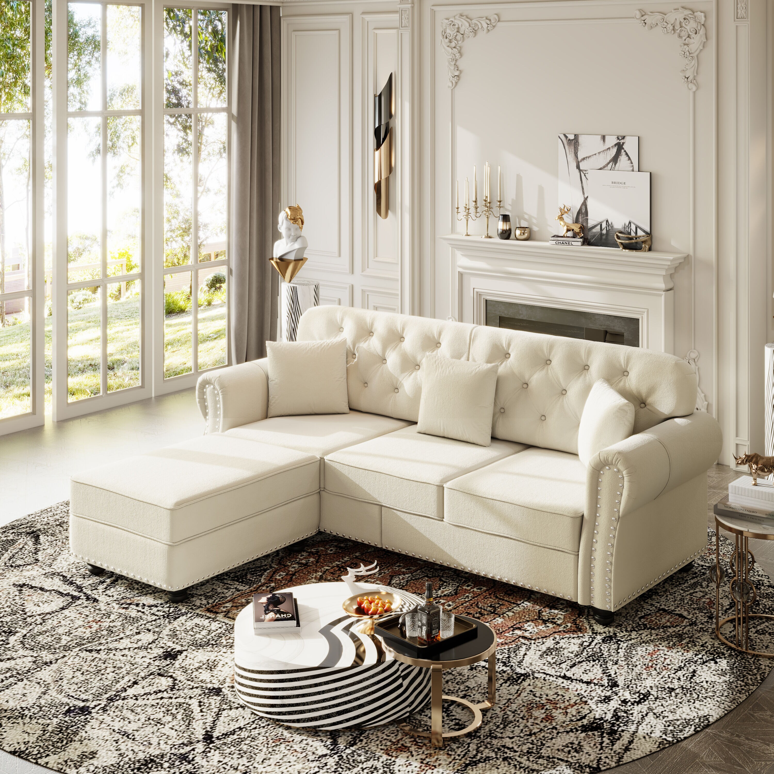 LOVMOR 3 Seat Tufted Sofa Velvet Beige White Couch with Ottoman for ...