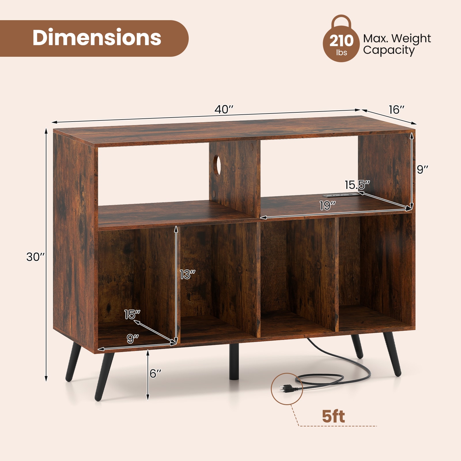 Volenca 40-in Engineered Wood Record Player Stand 210-lb Capacity with ...