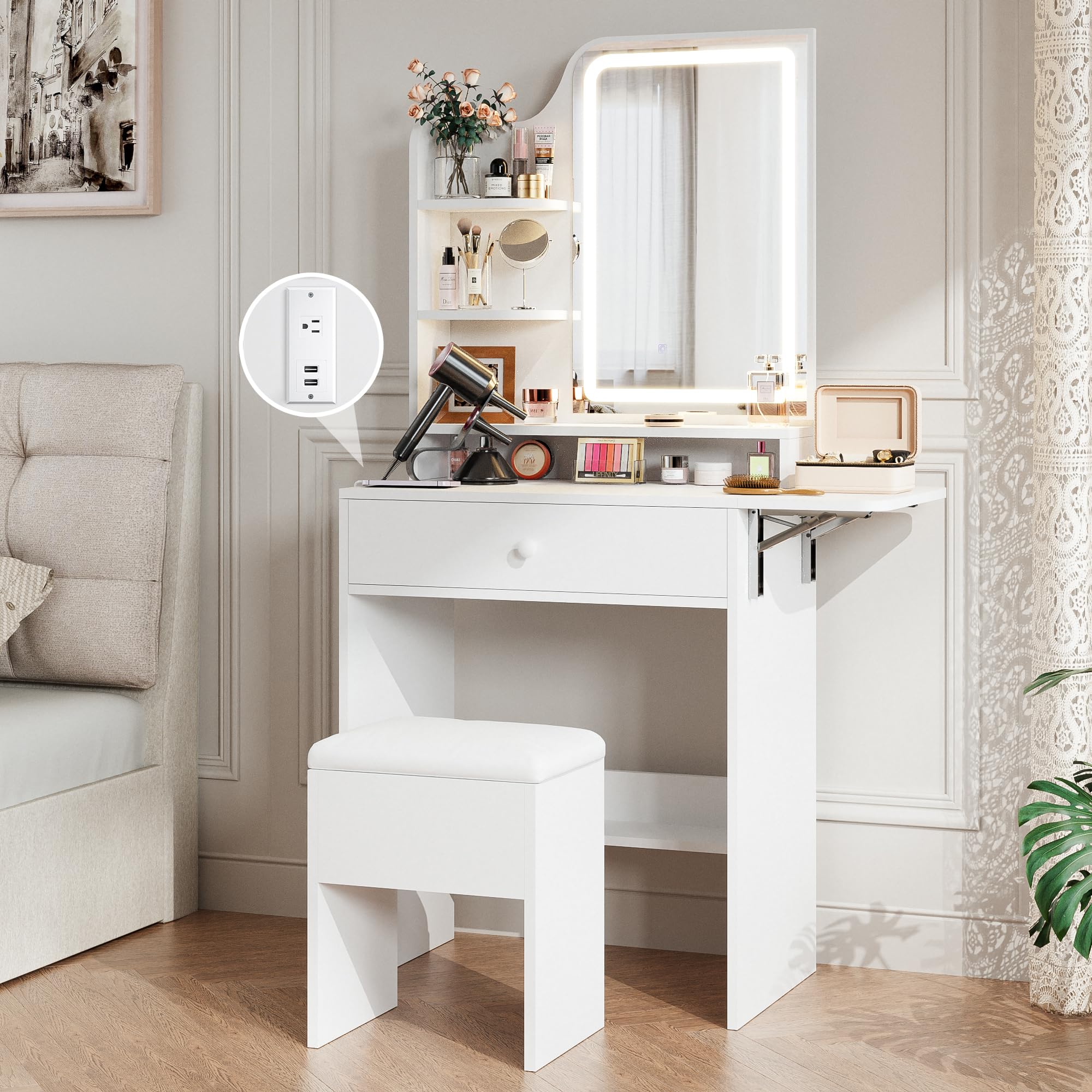 OMOMMD Small Vanity Desk Mirror Lights Charging Station Compact ...