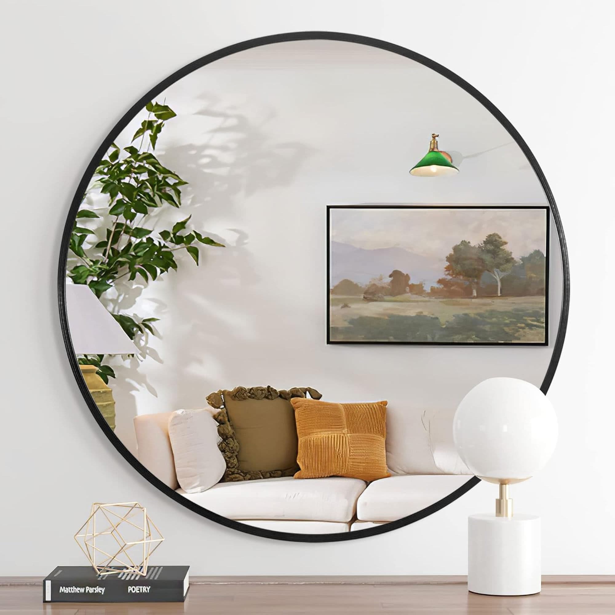 Aoibox 32 inch round wall mirror black metal frame anti rust aluminum ...