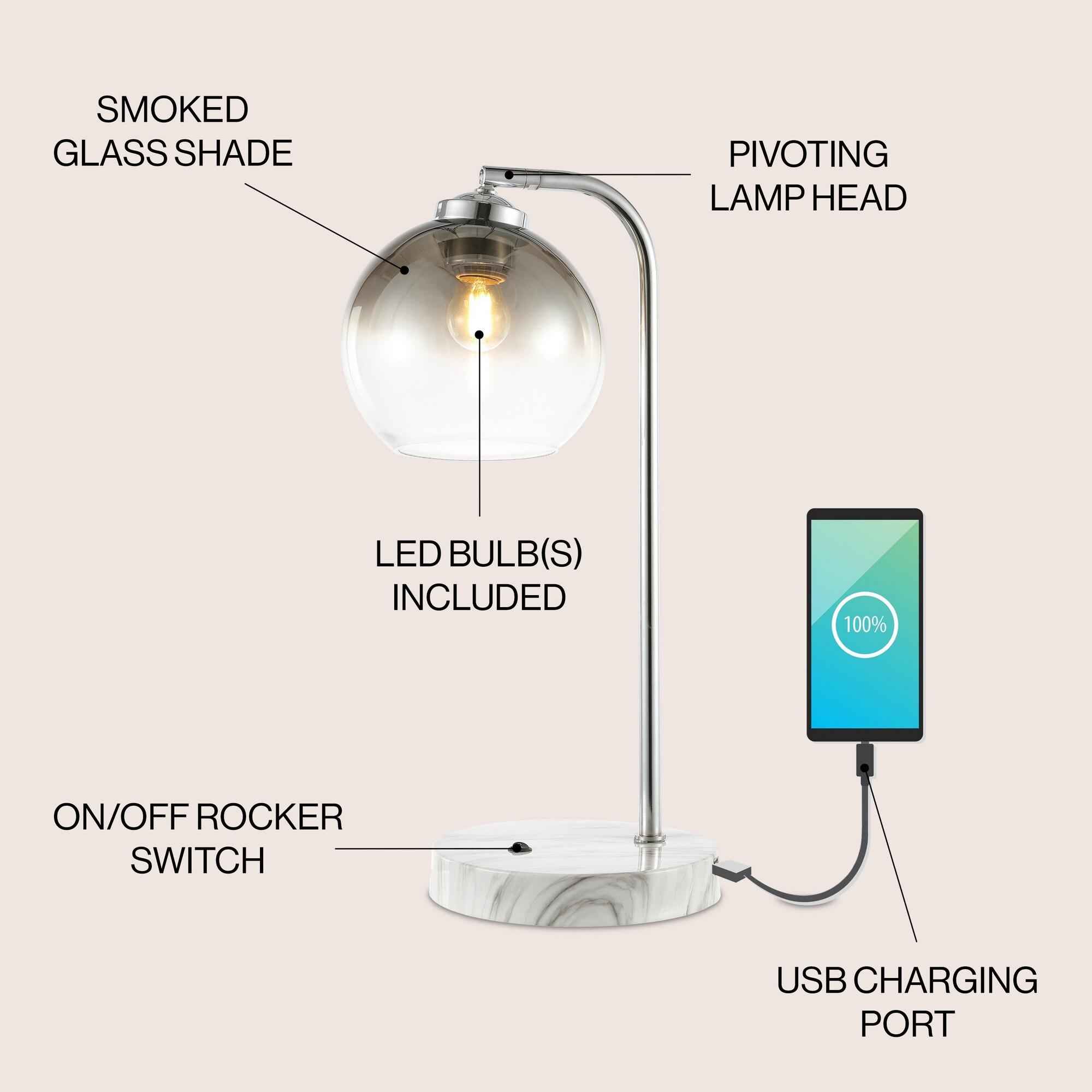 JONATHAN Y Ada 20-in. Industrial Contemporary Iron/Glass LED Task Lamp ...