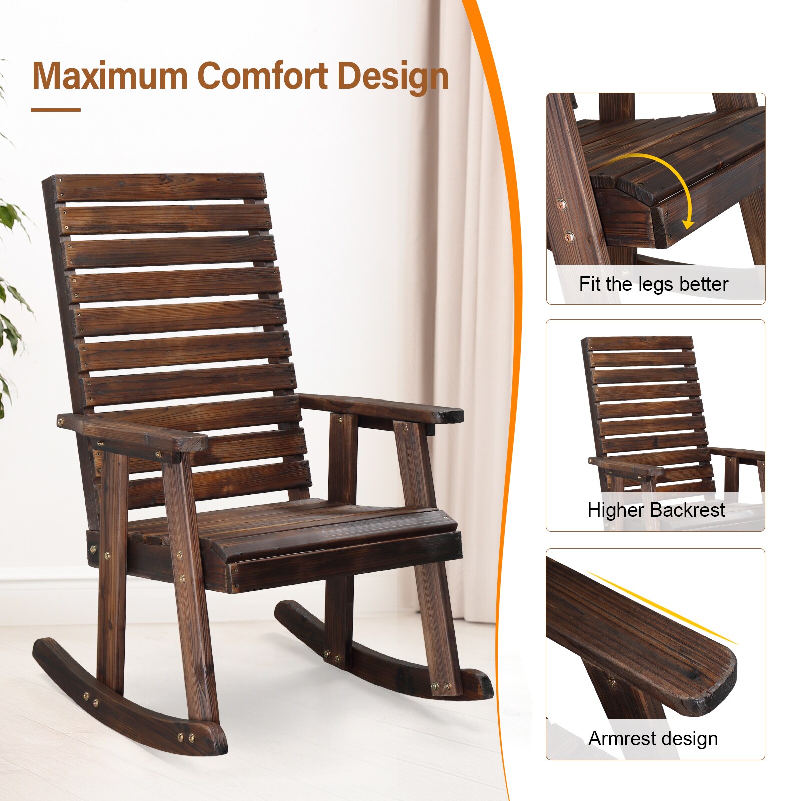 Winado Brown Wood Frame Rocking Chair with Solid Seat in the Patio ...