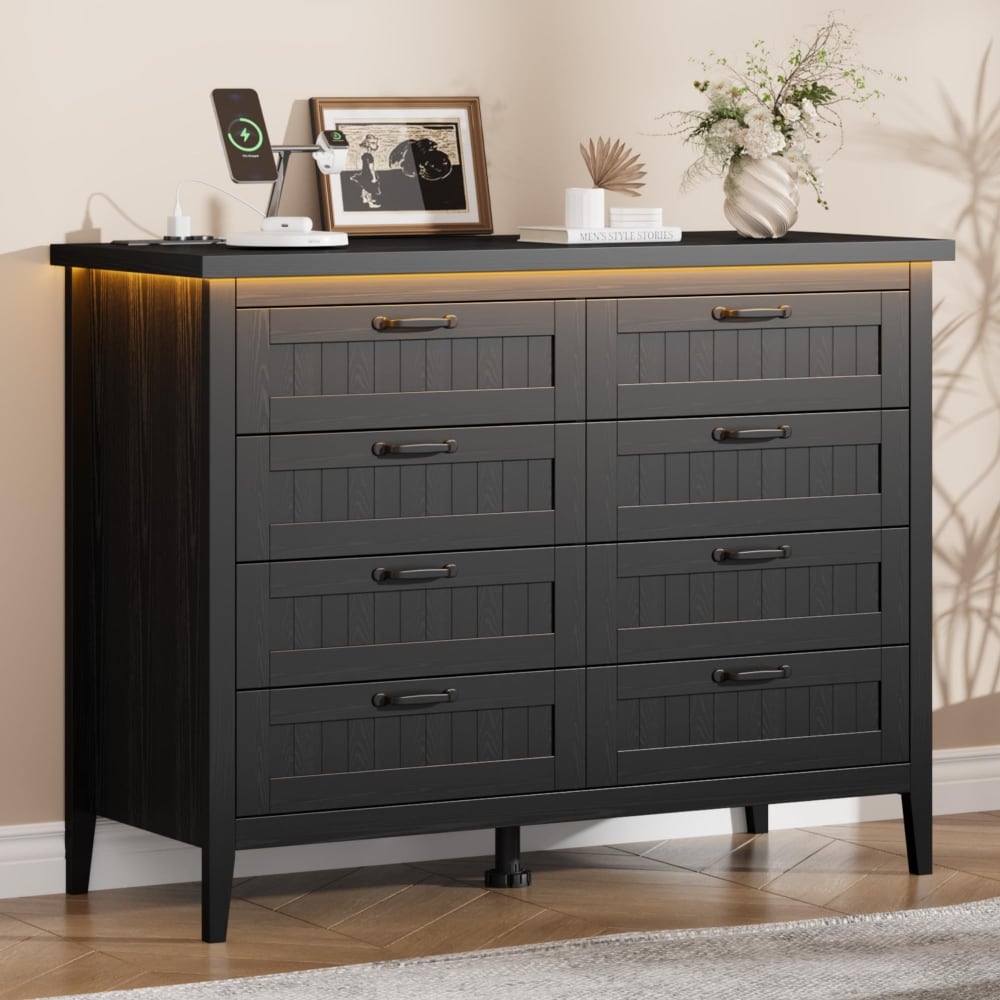 IdealHouse Black 8 Drawer Bedroom Dresser with LED Lights and Power ...