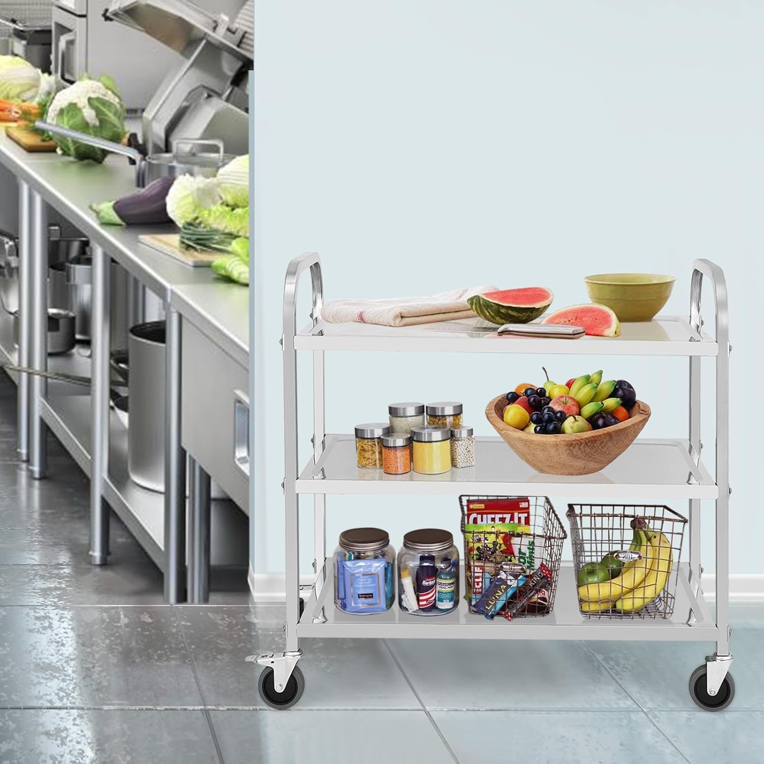 GAOMON 3-Layer Stainless Steel Utility Cart 265 lb Capacity Lab Rolling ...