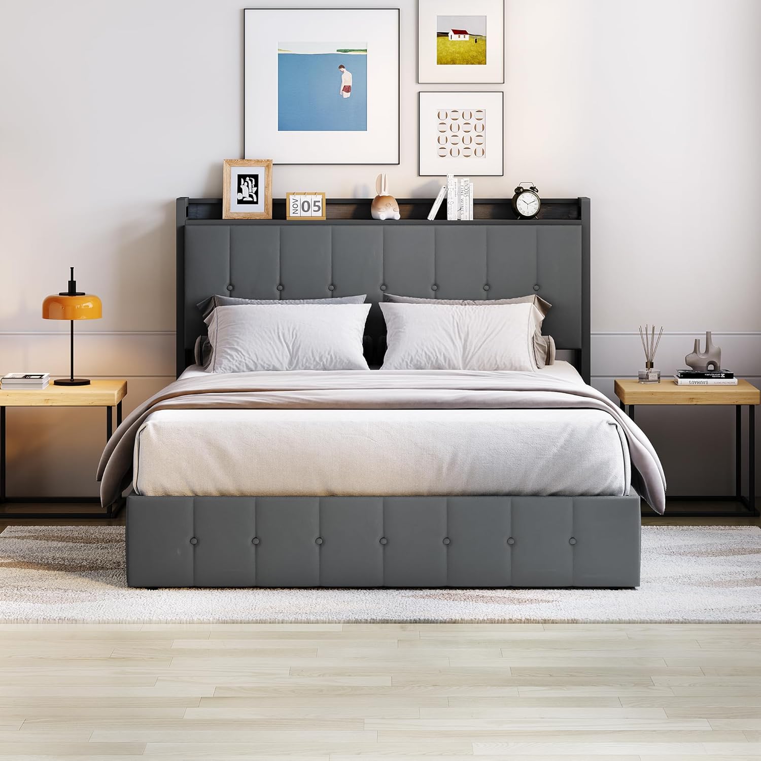 Garvee Queen Upholstered Lift Up Storage Bed Button Tufted Headboard ...