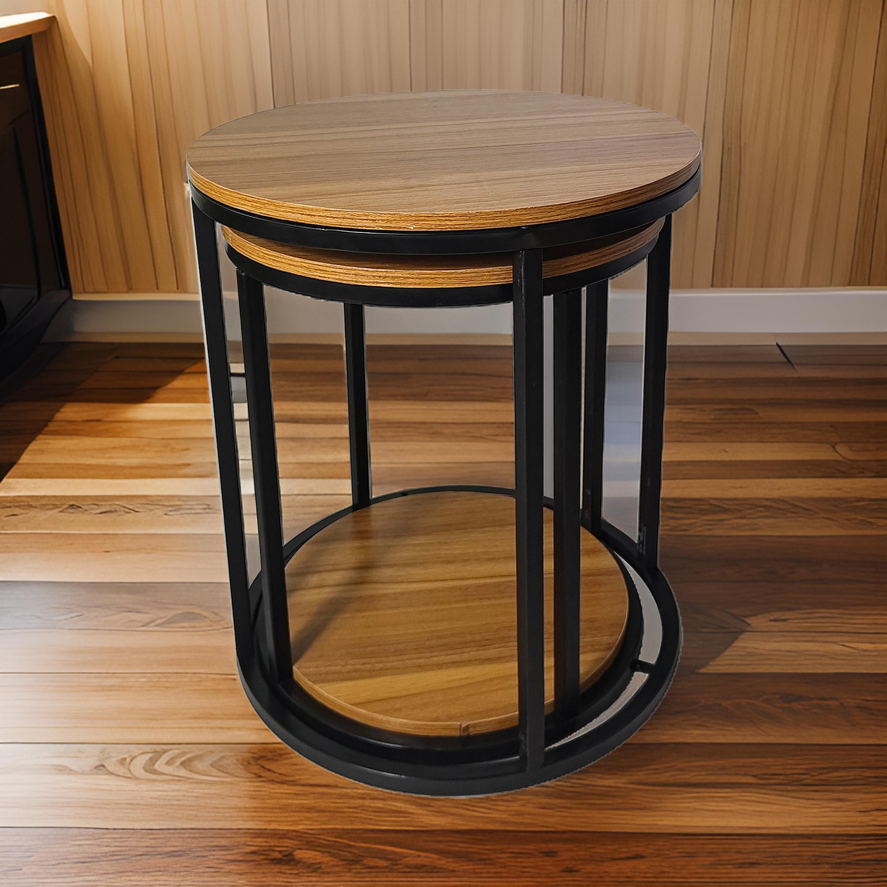 Benzara Molly Nesting Table Set of 2 Round Brown Solid Wood Top Black ...
