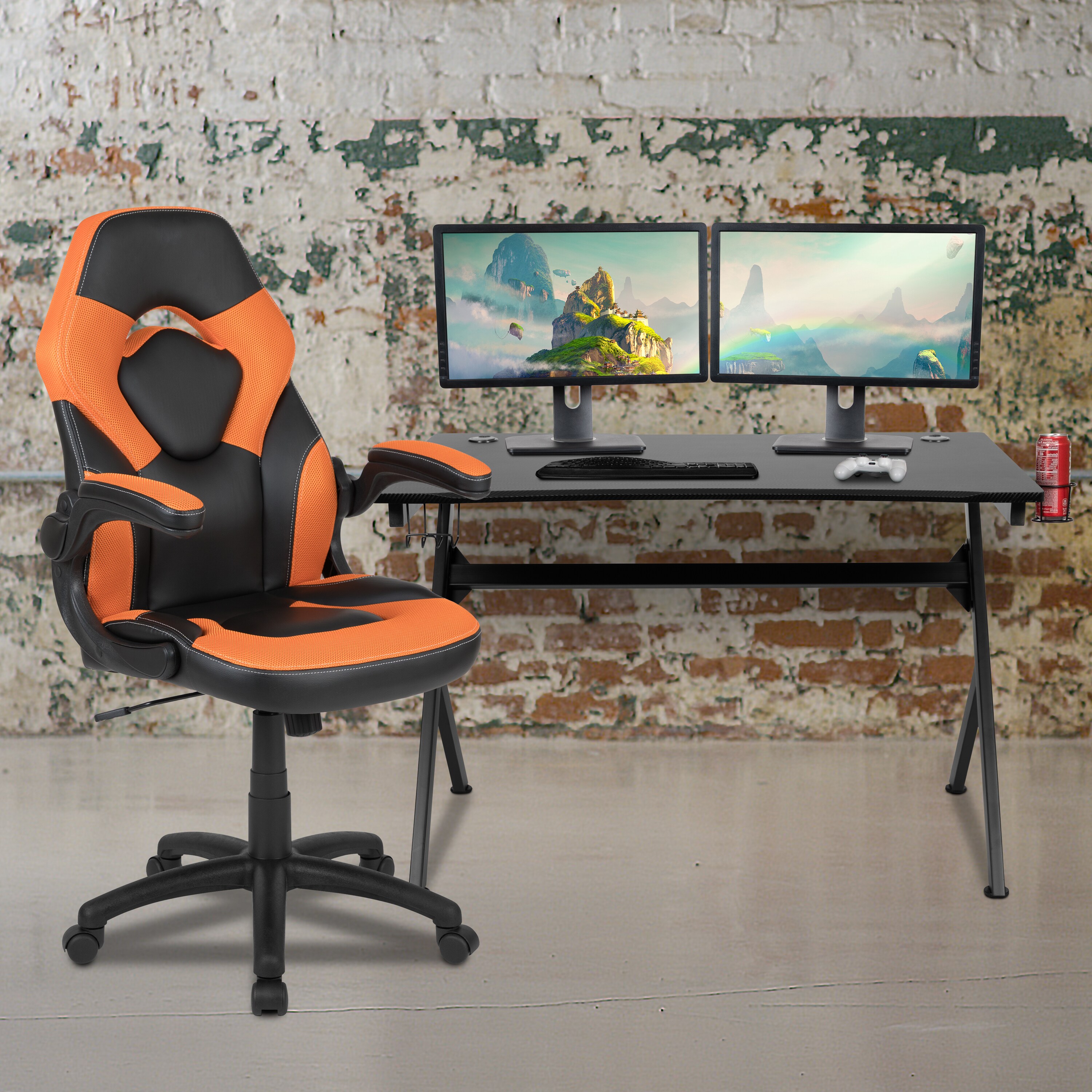 Emma + Oliver Black/Orange Gaming Desk Bundle - Cup/Headphone Holder ...