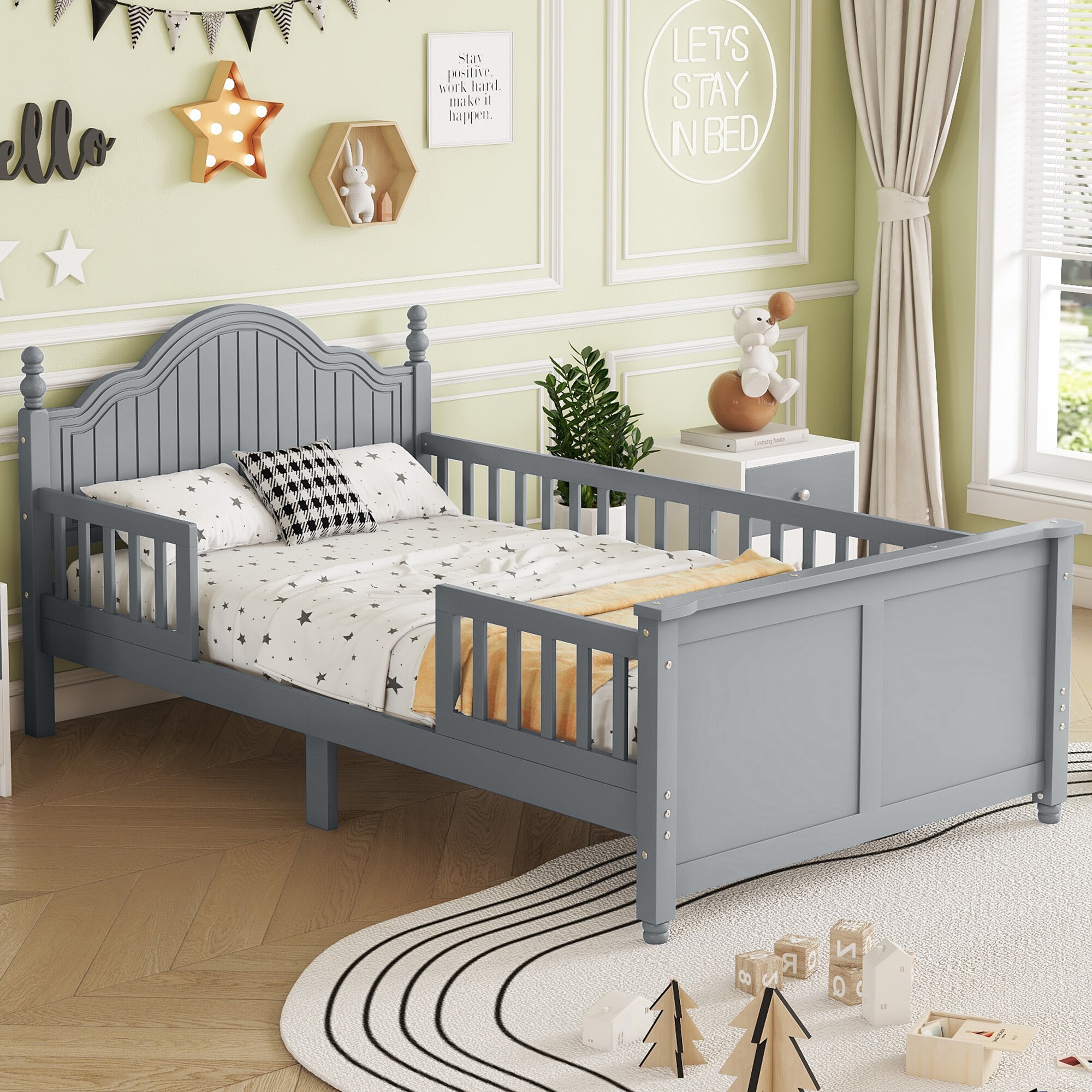 Hrinhom Twin Gray Wood 4-Poster Bed with Headboard in the Beds ...