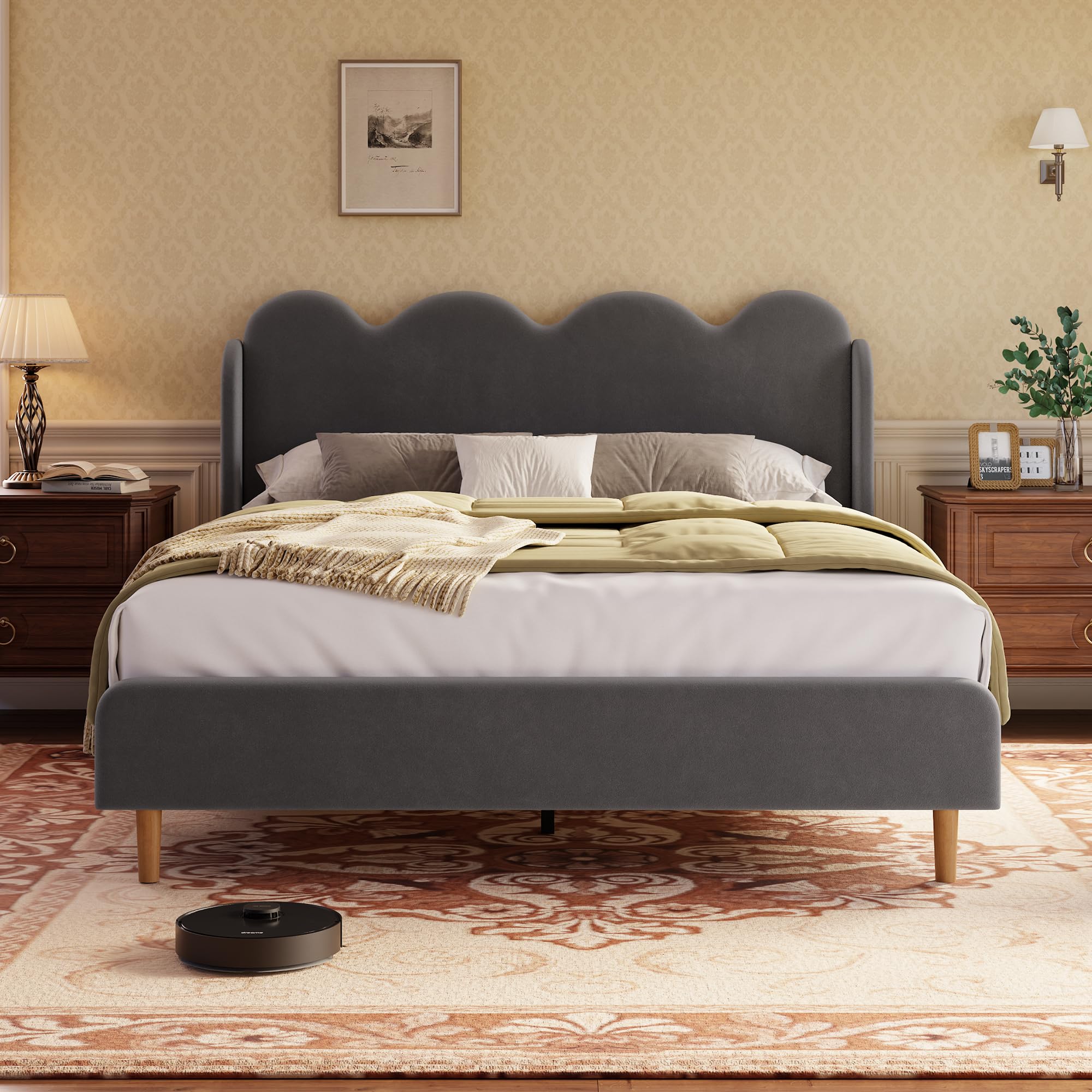 Aoile Twin Size Gray Velvet Upholstered Wingback Platform Bed with ...