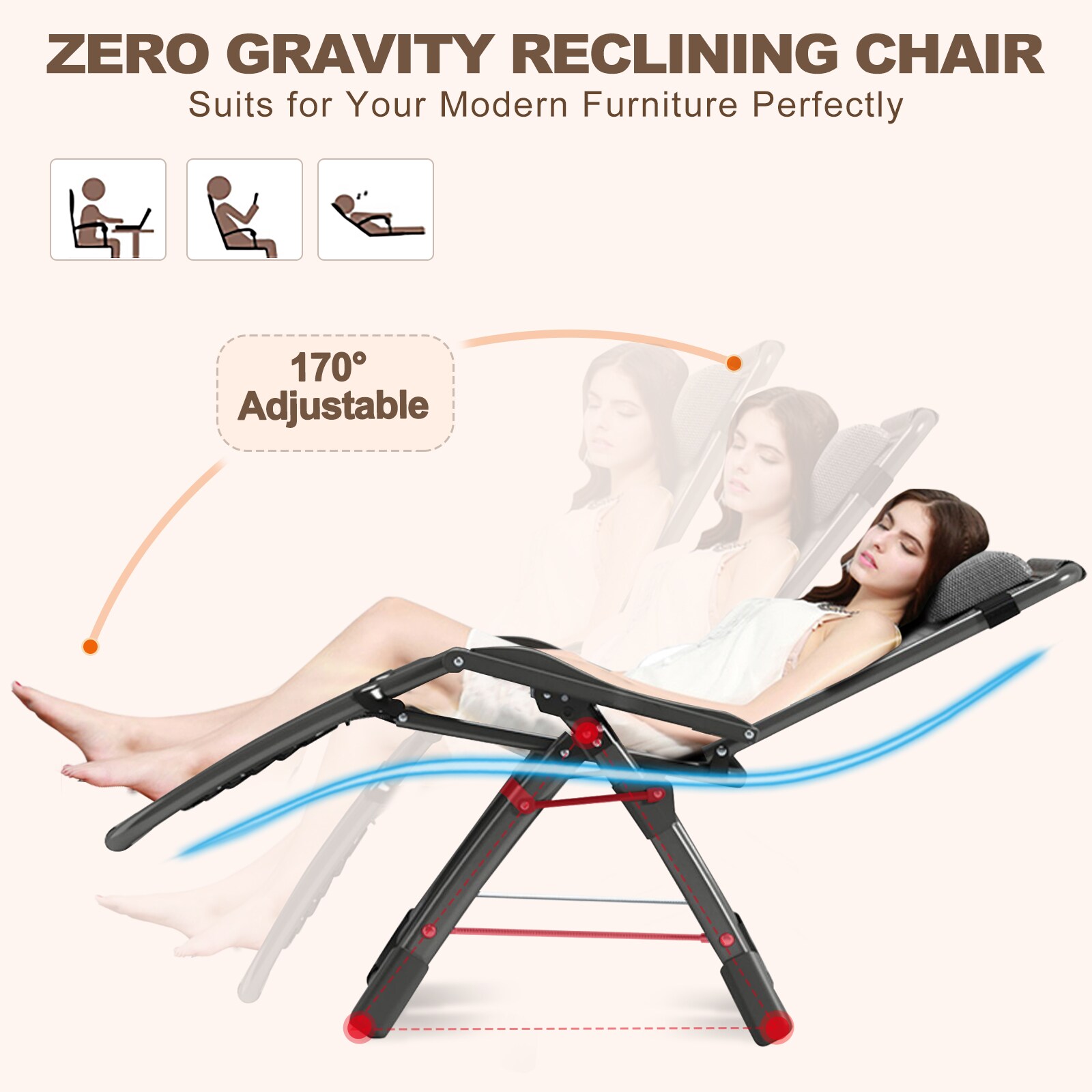 Esazn Zero Gravity Chair Stackable Gray Steel Frame Stationary Zero ...