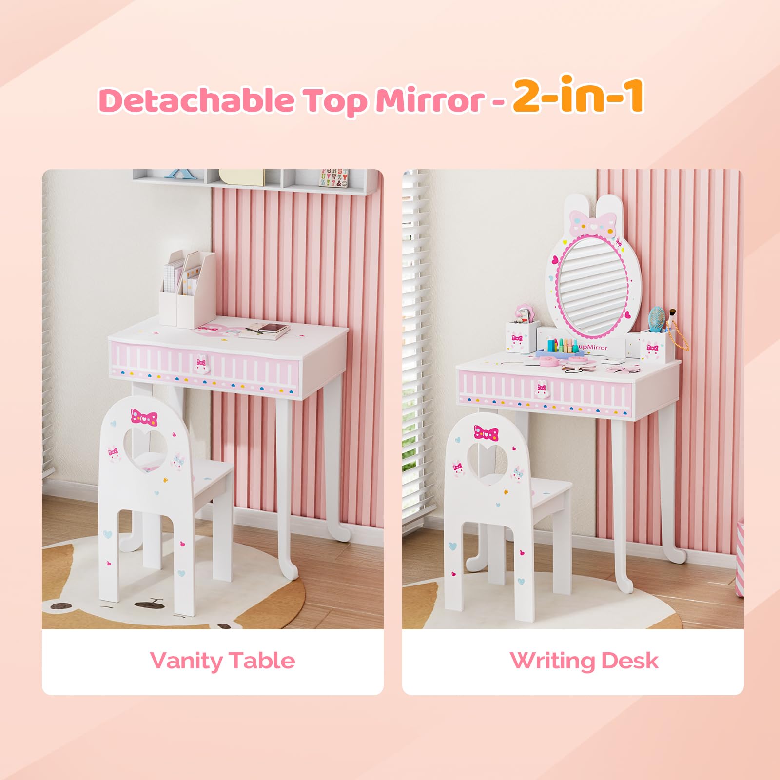 JOYMOR White 2 in 1 Kids Toddler Vanity Table and Chair Set with Mirror ...