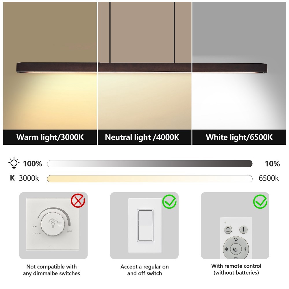 Basdien 51 in Brown Wood Modern LED Pendant Light Adjustable Hanging ...