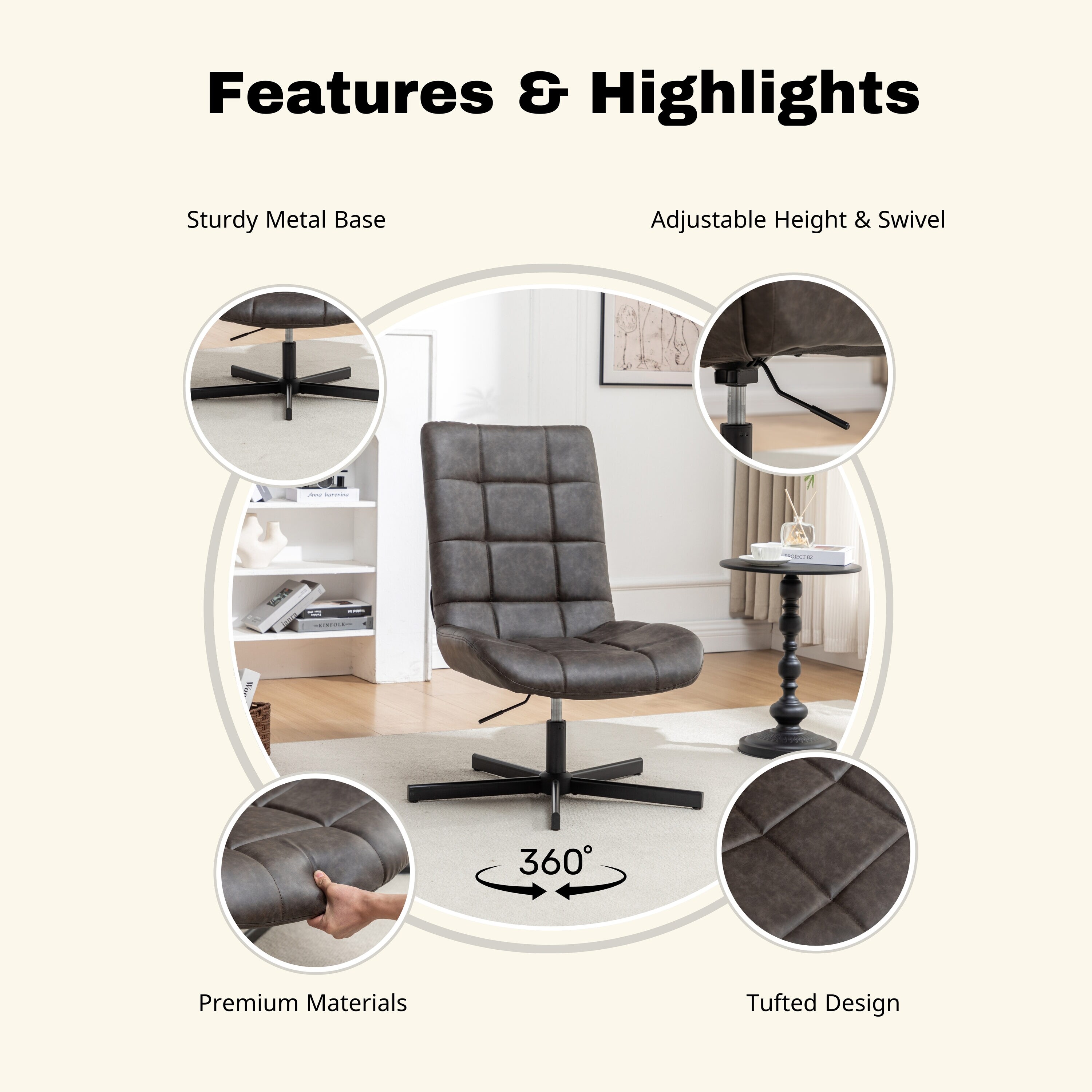 Roundhill Furniture Arlena 23.5-in W Modern Brown Faux leather Swivel ...