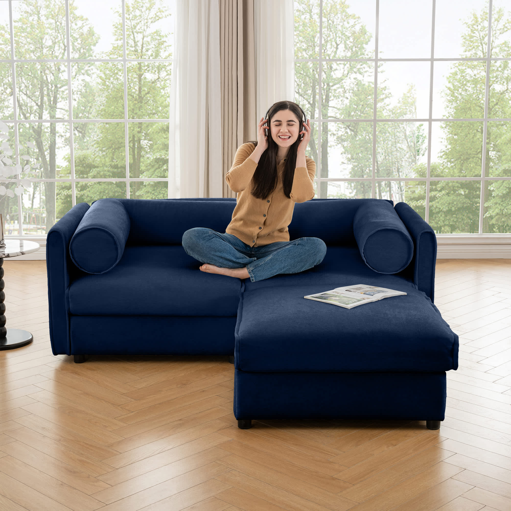 Misty Moon Stylish Blue Chenille 2-Seater Sofa with Ottoman Storage Seat Cylindrical Backrest ...