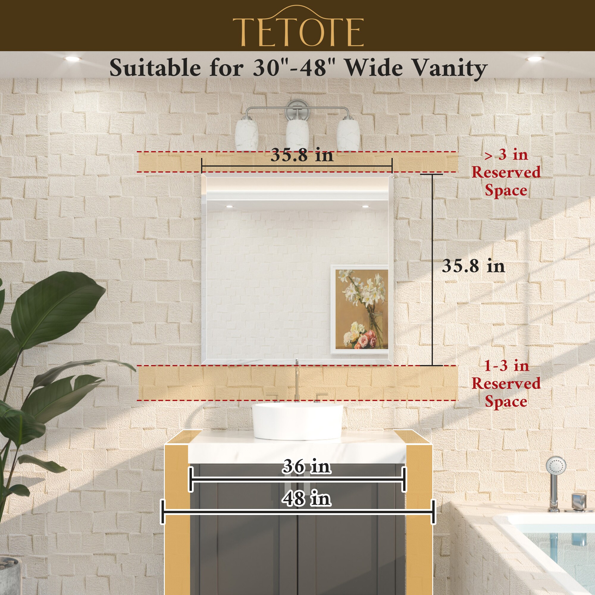 TETOTE 36x36 Inch Beveled Bathroom Vanity Mirror Frameless Mirror Wall ...