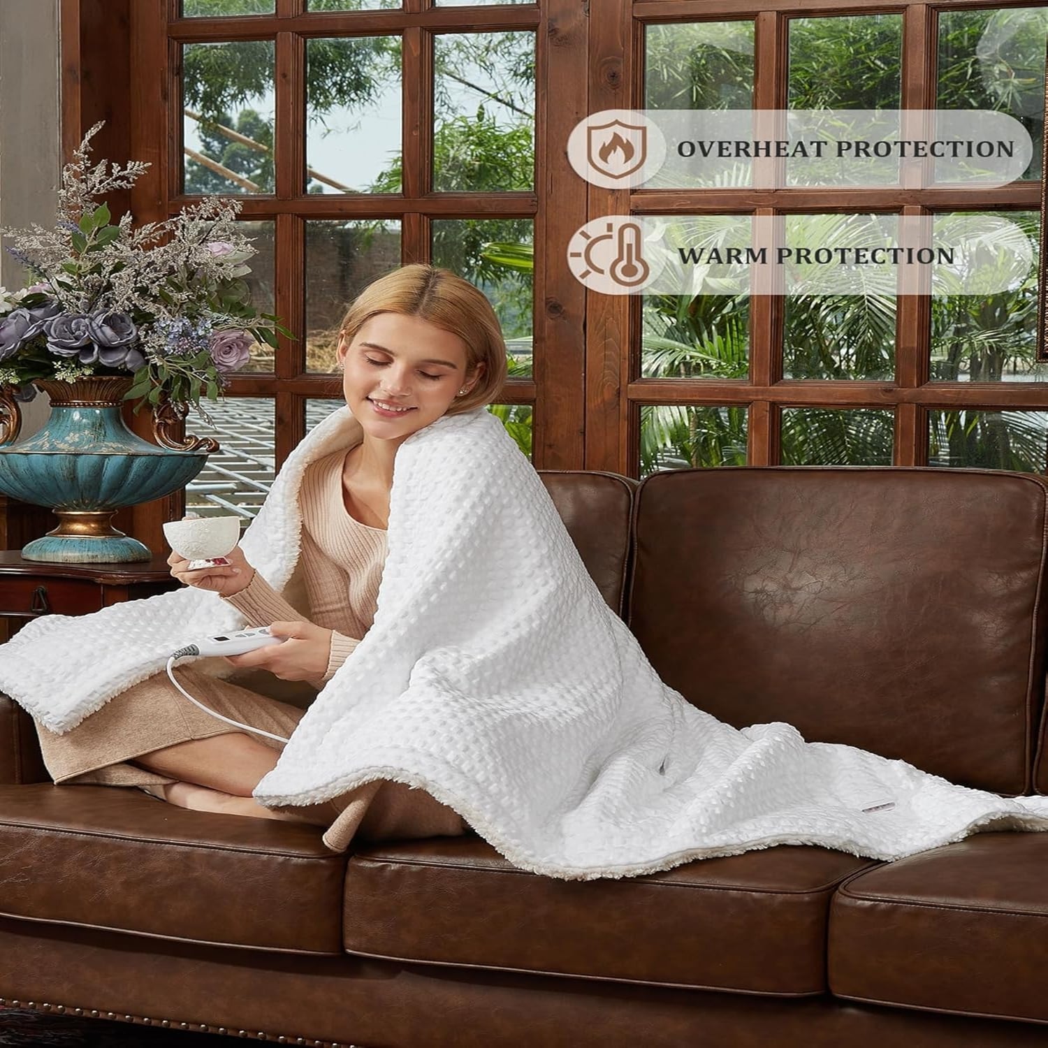 Garvee 72-in x 84-in Waffle Weave Heated Blanket Throw White in the ...