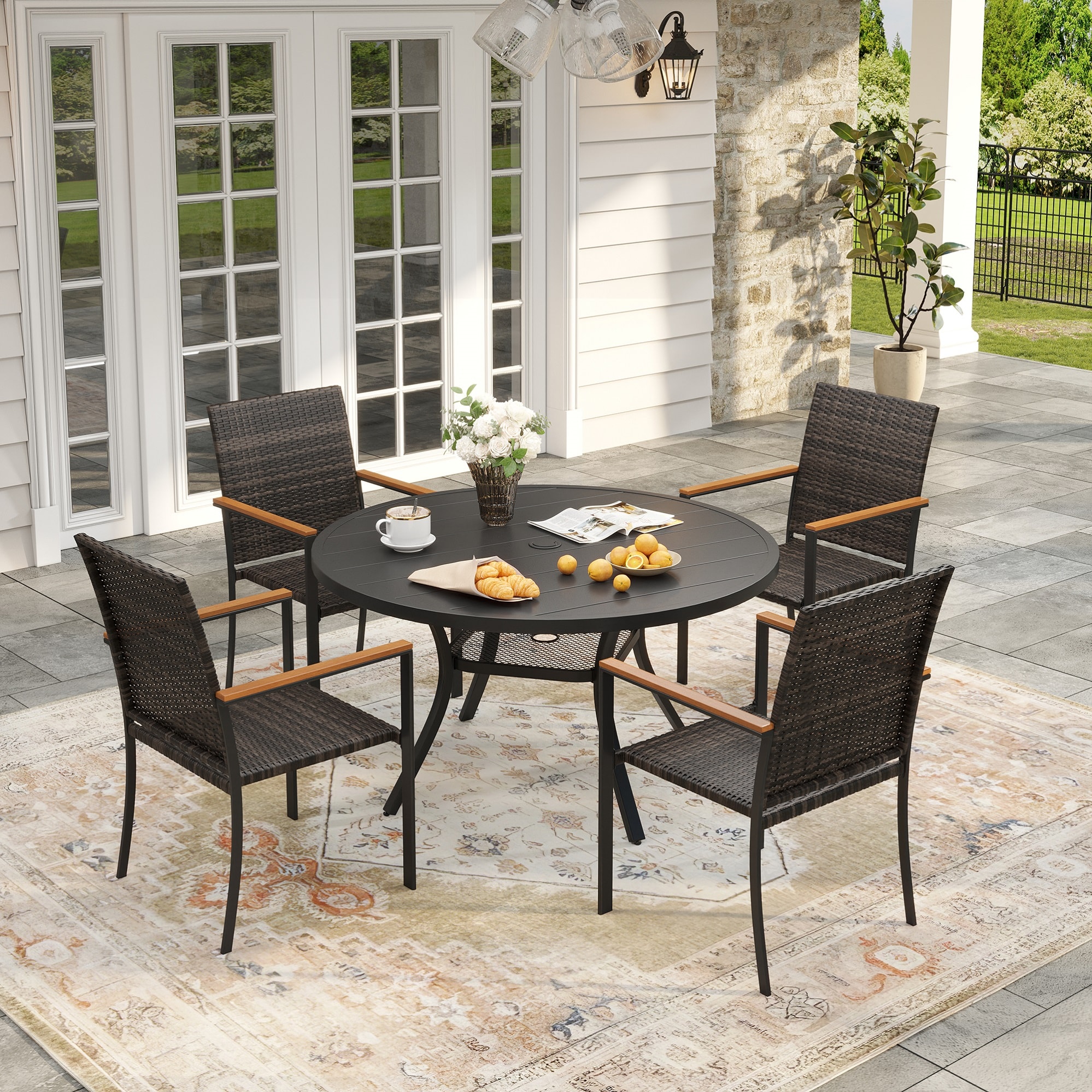 VICLLAX 40.6-Inche Round Patio Table and Chairs 5 -Piece Black Wicker ...