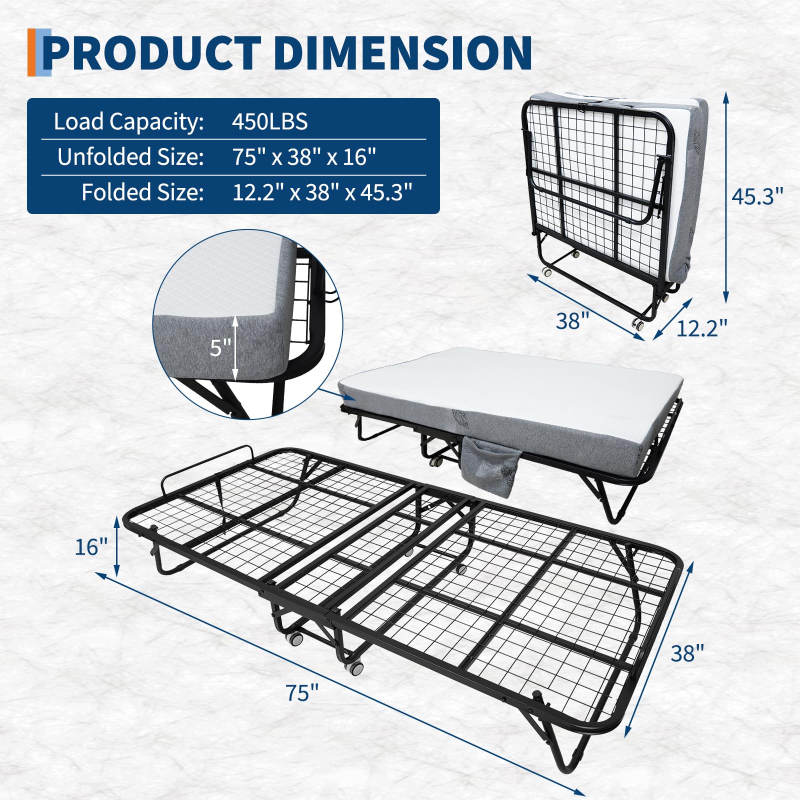 Garvee Folding Bed with Mattress for Adults 75 by 38 in Portable ...