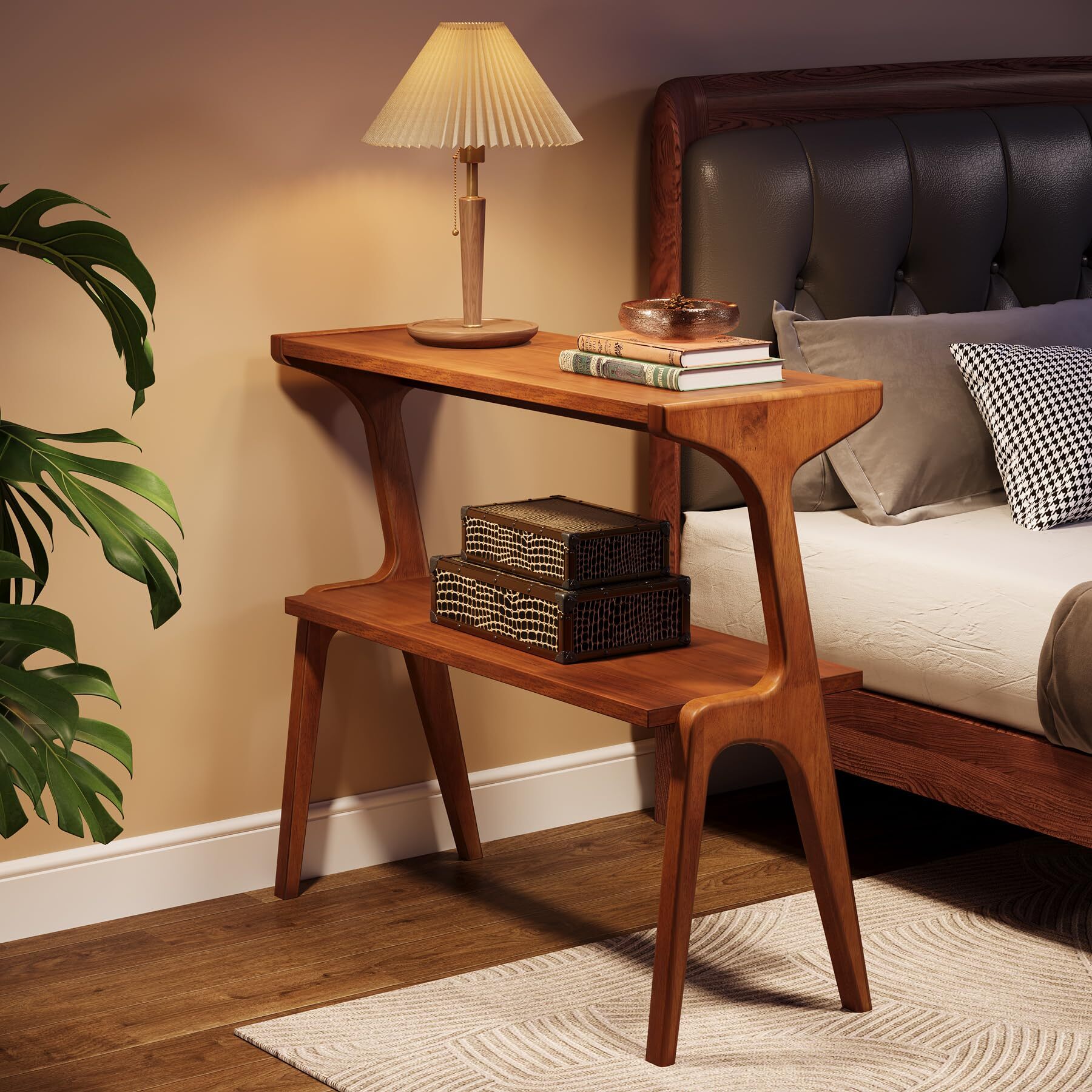 LOVMOR Solid Wood Side Table 2-Tier Farmhouse Couch Side Table Rustic ...