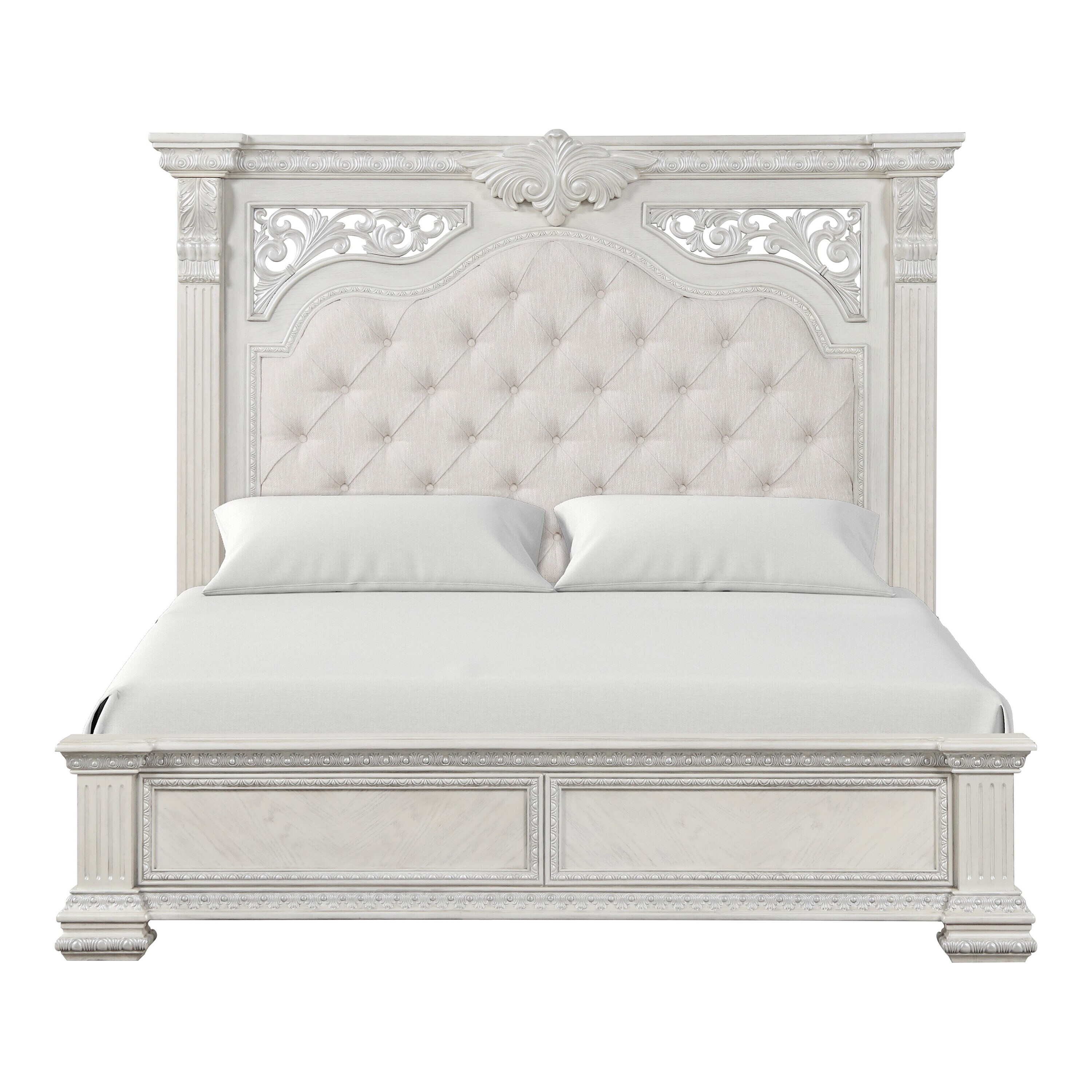 Furniture of America Queen Wire Brushed White Wood Tufted Panel Bed ...