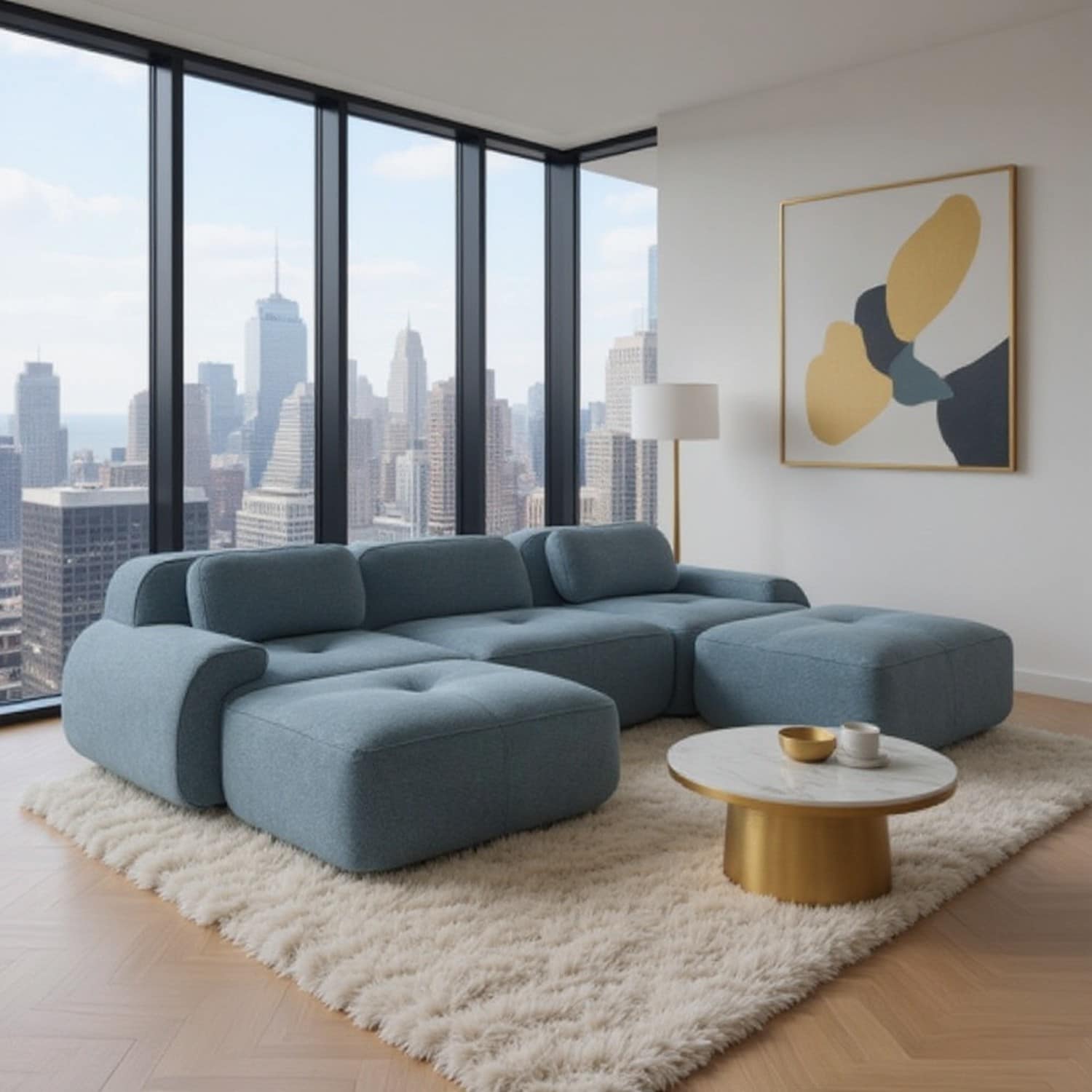 Homy Casa SMZO 117.3 in Slate Blue Velvet Sectional Sofa with Modular ...