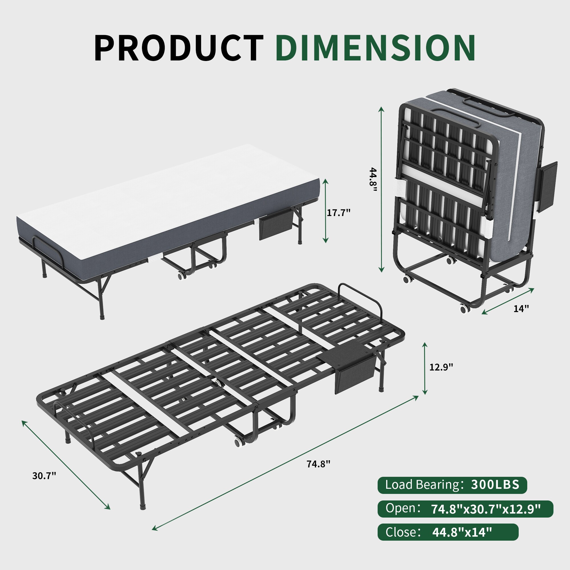 Huluwat 75 Inch Folding Bed with 5 inch Memory Foam Mattress Space ...
