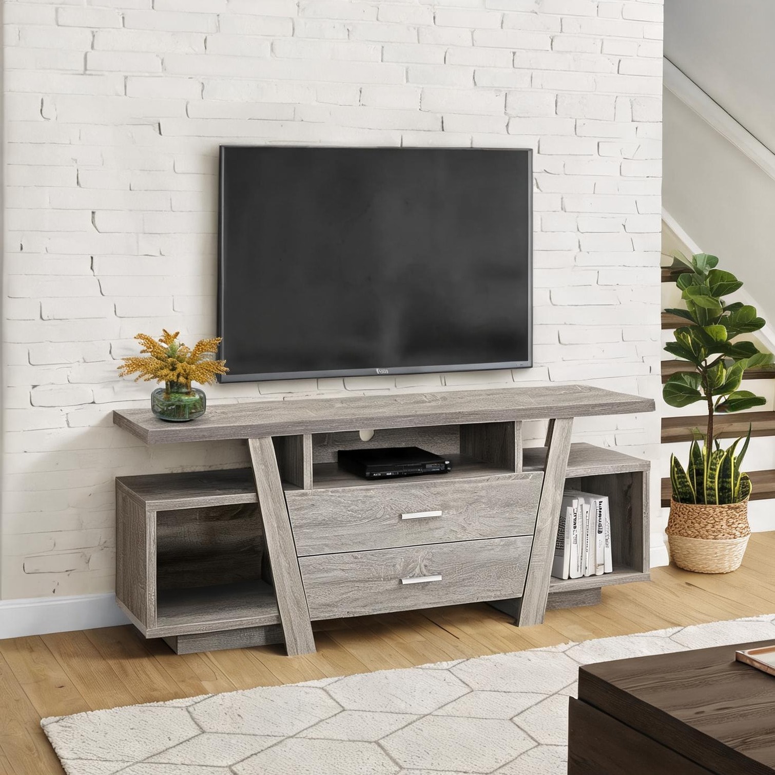 SUNCREAT 60-Inch Media Console with Storage Drawers in Beige Finish for ...