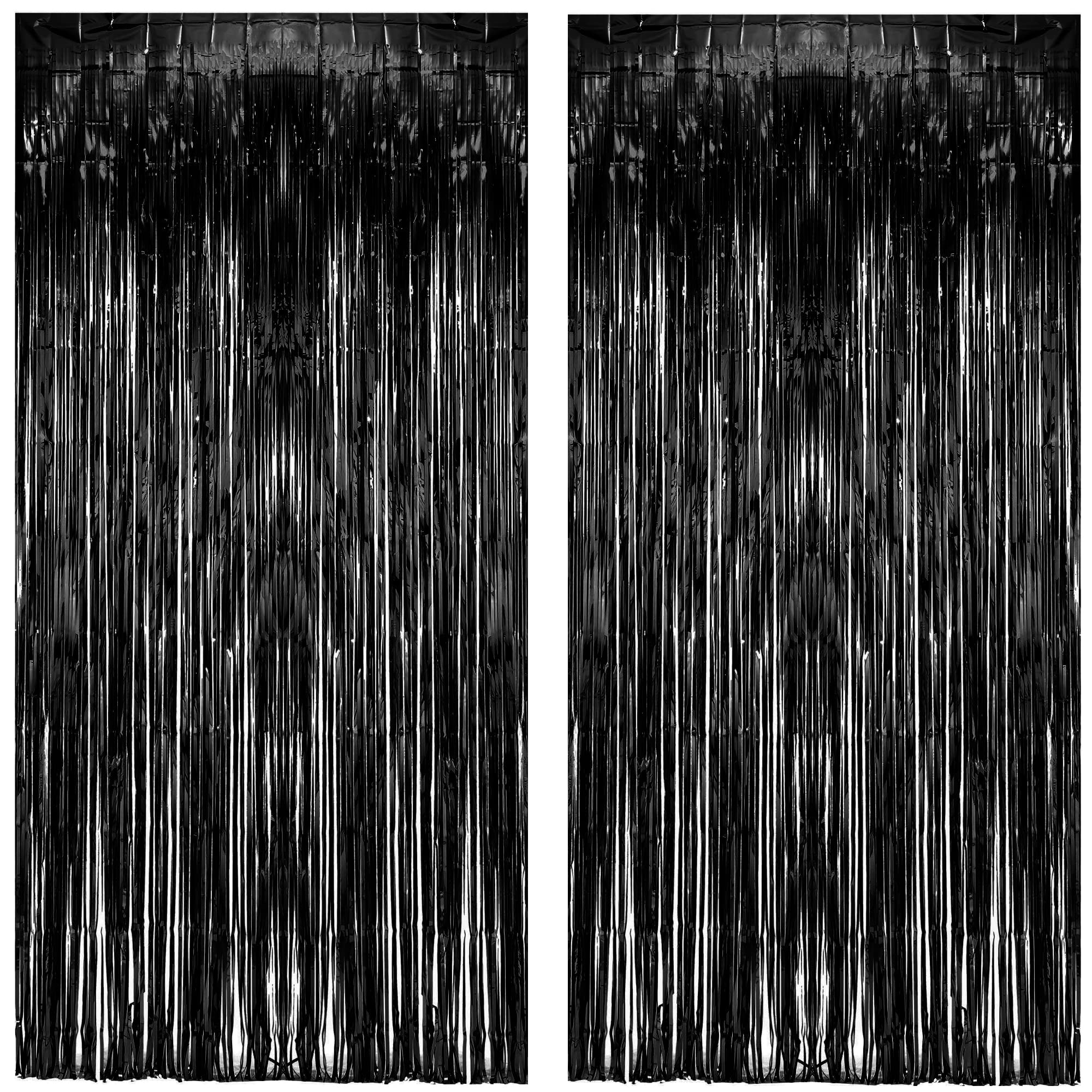 Phyfalip Black Tinsel Backdrop Curtain 2 pack 3 2ft x 8 2ft Foil Fringe ...