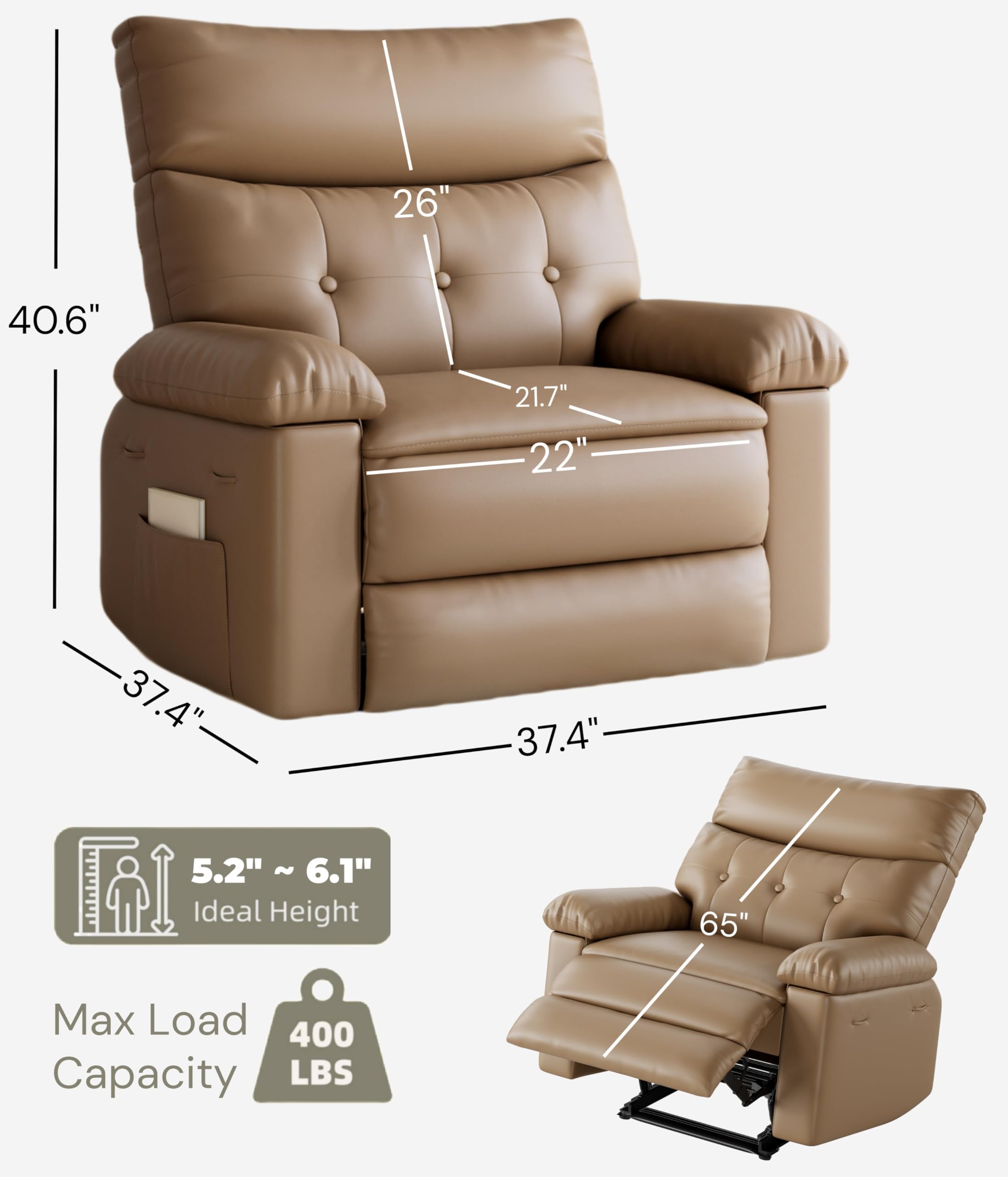 Garvee Oversized Recliner Chair PU Leather Manual Recliner for Adults ...