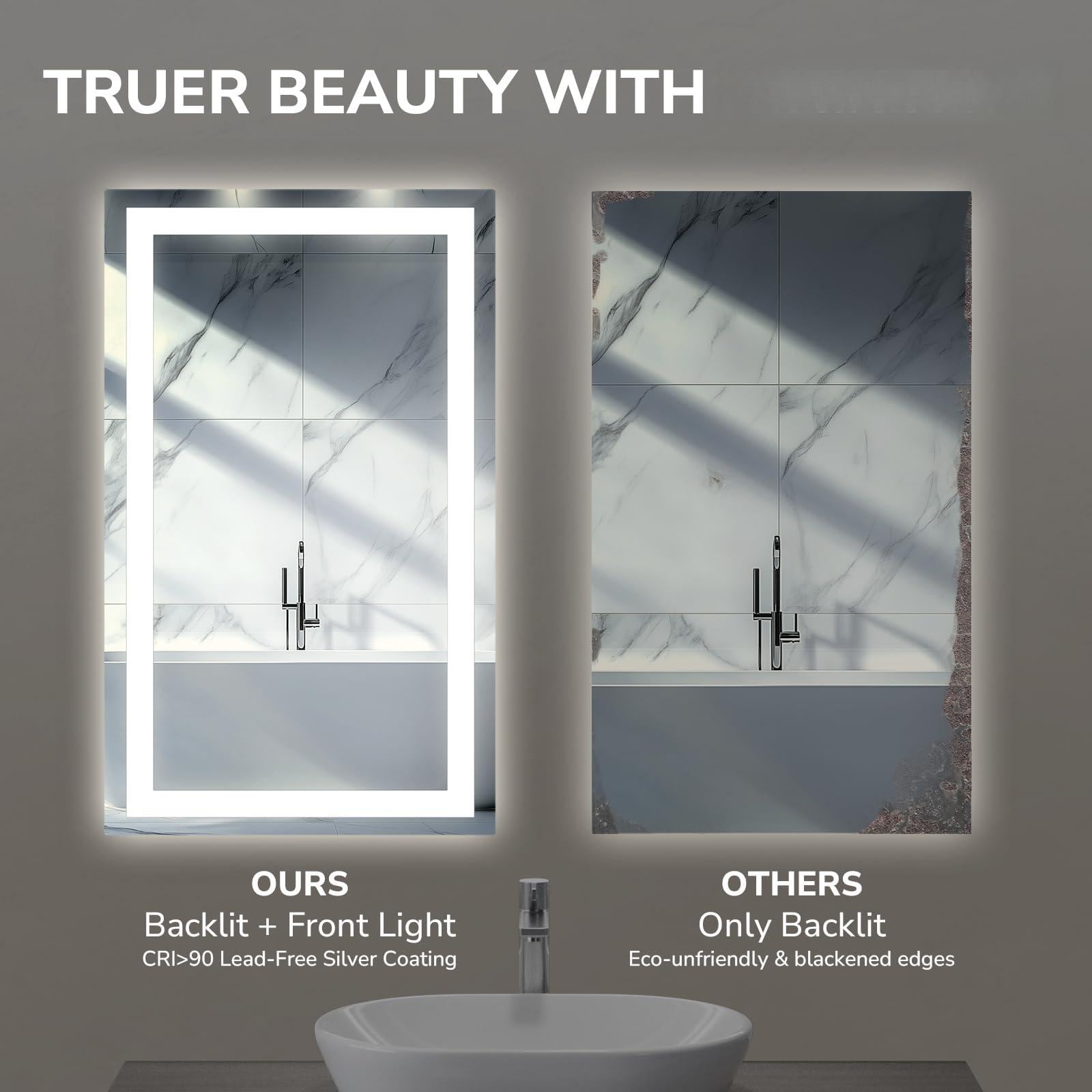 OMOMMD LED Bathroom Mirror 28x36 Inch Tempered Glass Frameless Backlit ...