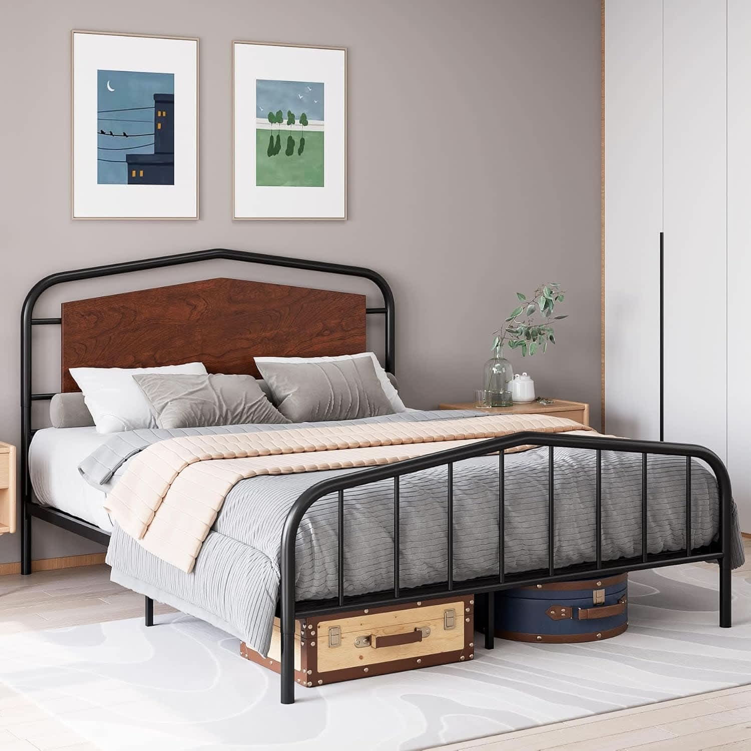 Qeetex Full Size Industrial Metal Platform Bed Frame with Wooden ...