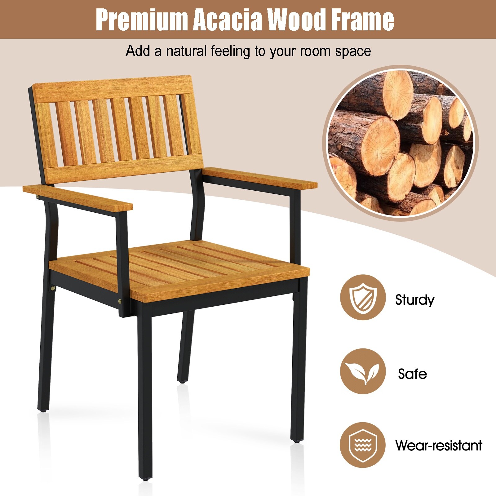 Volenca Set of 2 Acacia Wood Patio Dining Chairs with Natural Frame and ...